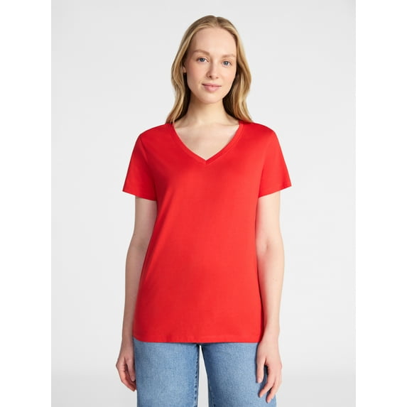 Time and Tru Women's Cotton V-Neck Tee with Short Sleeves, Sizes XS ...