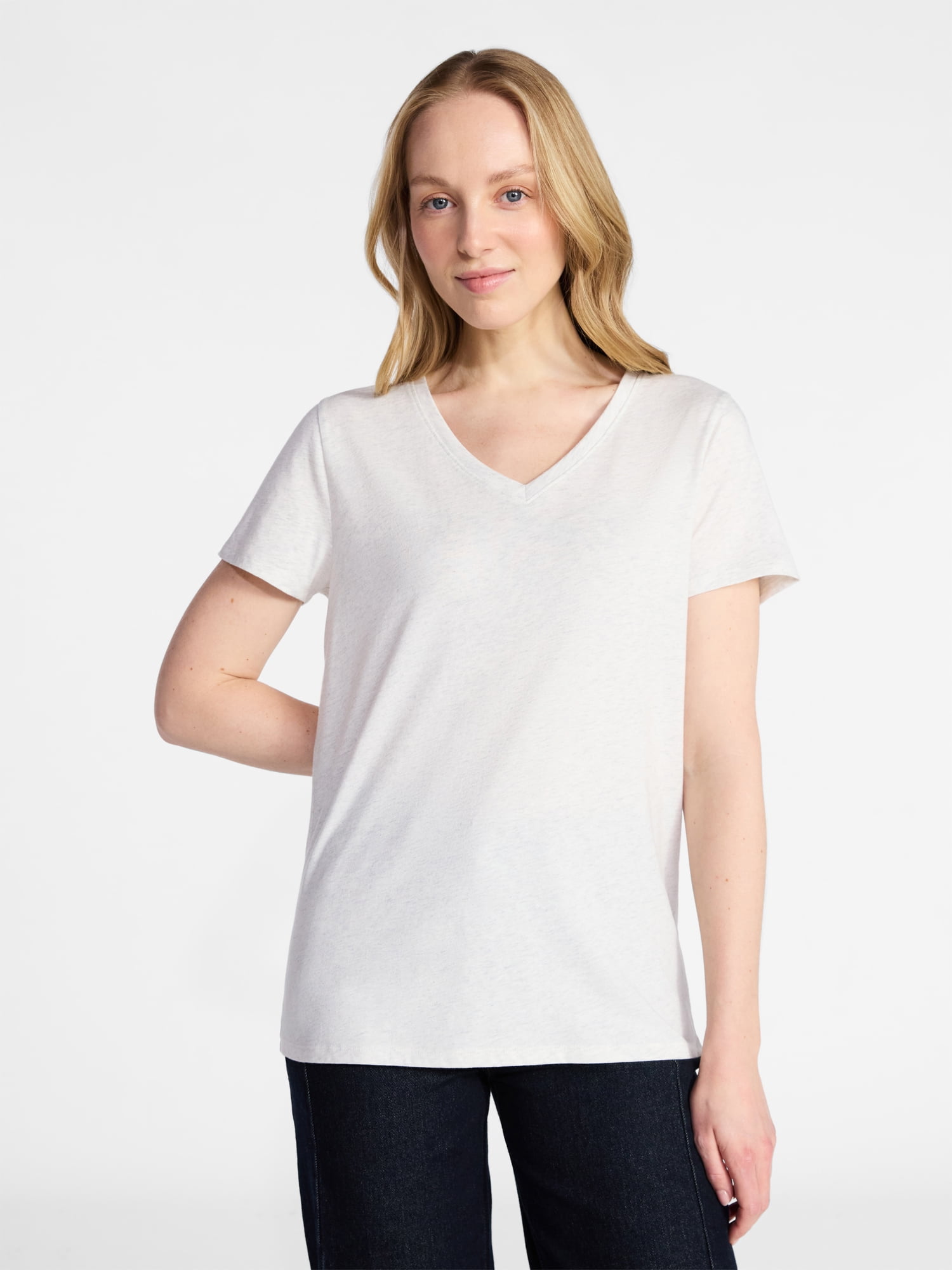 Time and Tru Women's Cotton V-Neck Tee with Short Sleeves, Sizes XS-4X ...