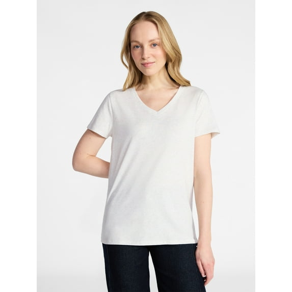 Time and Tru Women's Cotton V-Neck Tee with Short Sleeves, Sizes XS ...
