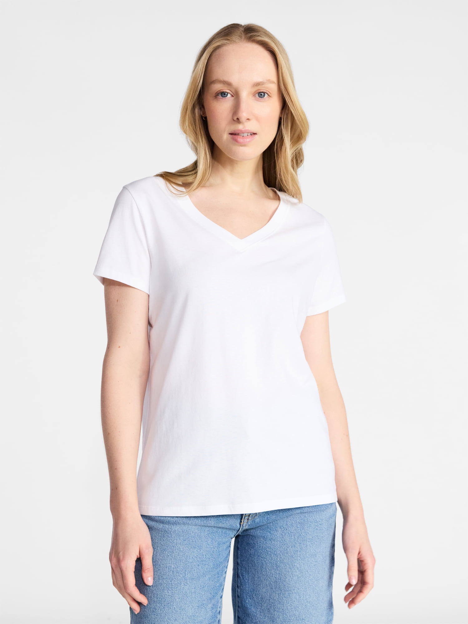 Time and Tru Women's Cotton V-Neck Tee with Short Sleeves, Sizes XS-4X ...