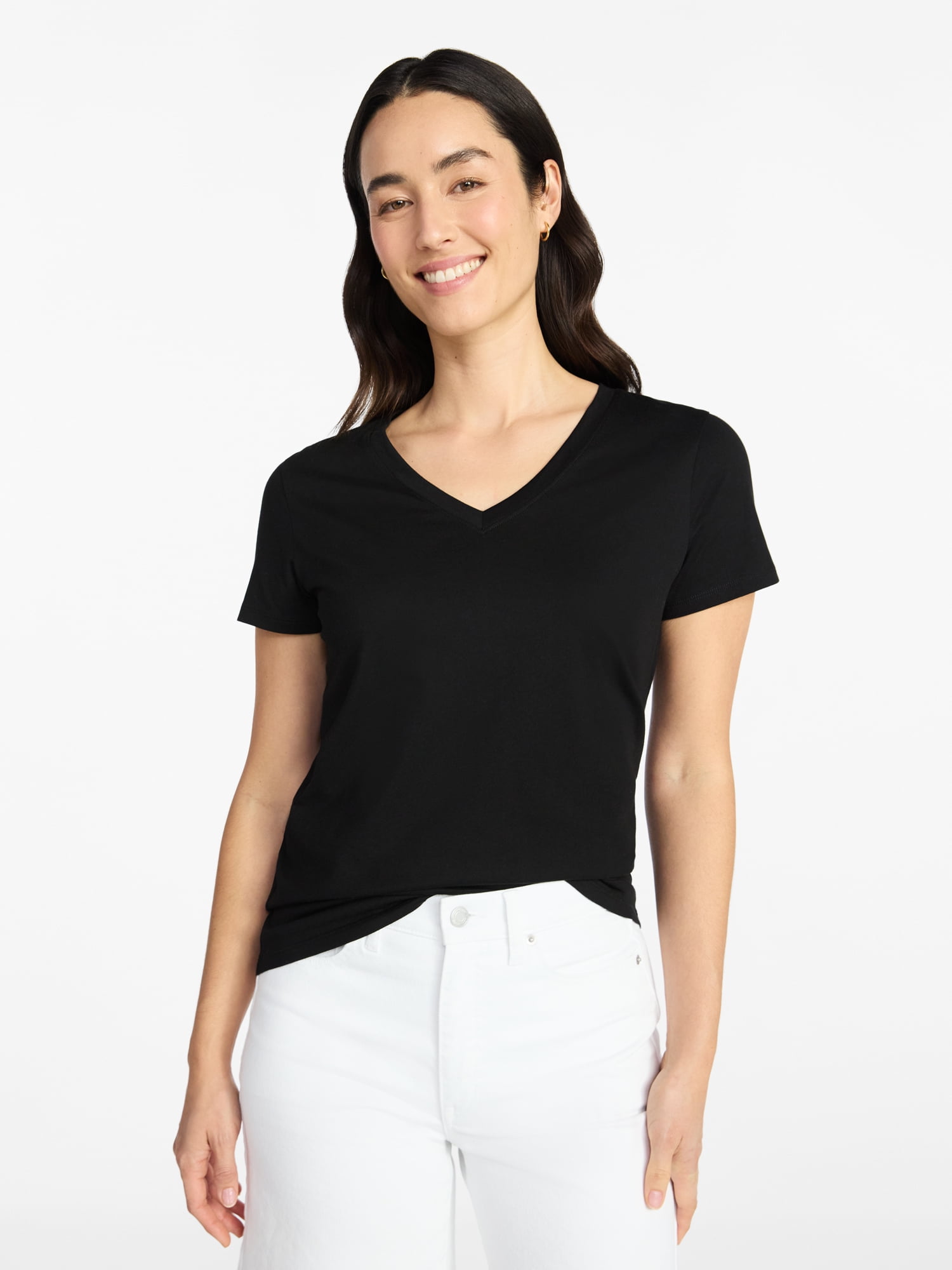 Time and Tru Women's Cotton V-Neck Tee with Short Sleeves, Sizes XS-4X ...