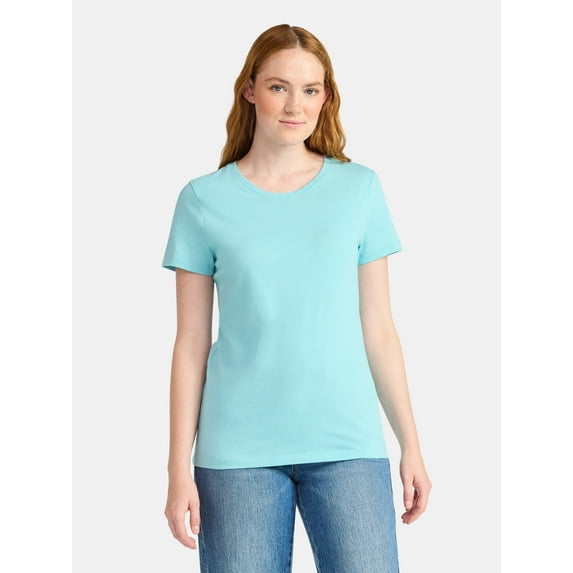Time and Tru Women's Cotton Crewneck Tee with Short Sleeves, Sizes XS ...