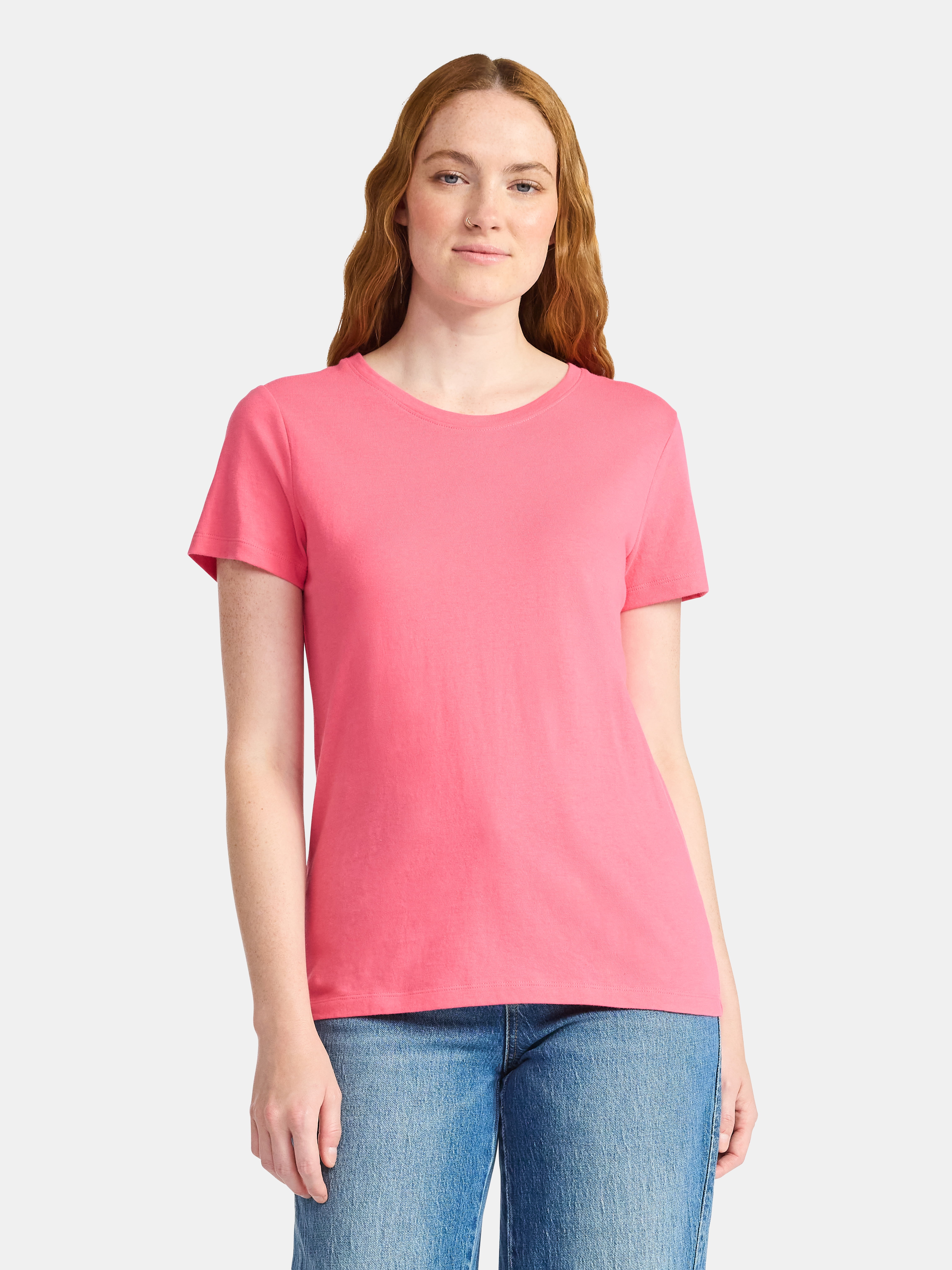 Time and Tru Women's Cotton Crewneck Tee with Short Sleeves, Sizes XS ...