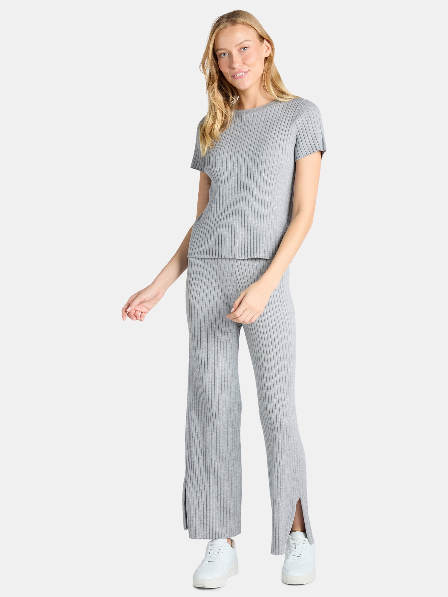 Time and Tru Women's Ribbed Sweater Top and Wide Leg Pants Set, 2-Piece, Sizes XS-XXXL - Walmart.com