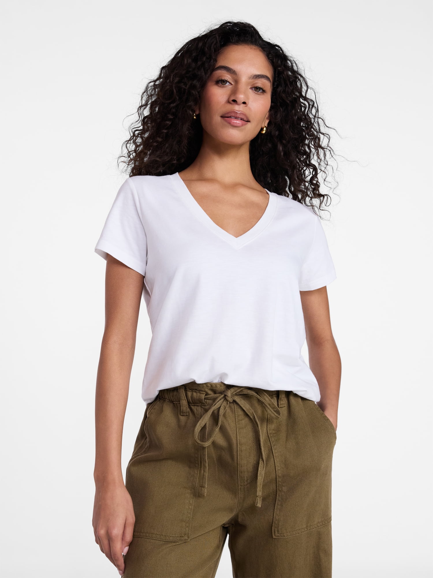 Time and Tru Women's Slub V Neck Tee with Short Sleeves, Sizes XS-XXXL ...
