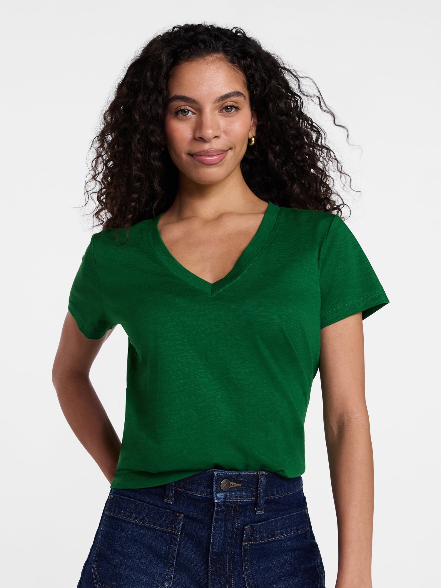 Time and Tru Women's Slub V Neck Tee with Short Sleeves, Sizes XS-XXXL ...