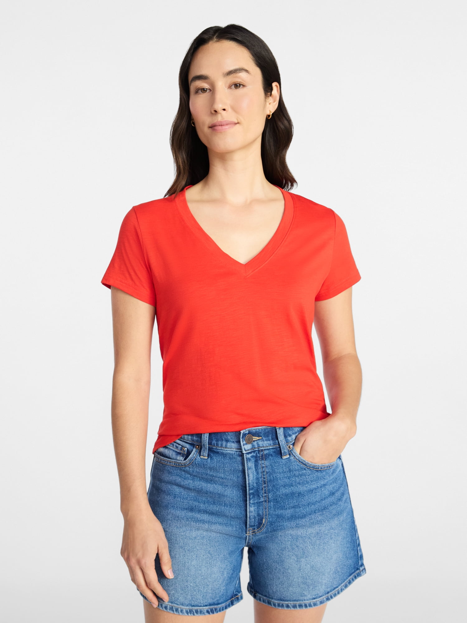 Time and Tru Women’s V-neck Slub Tee with Short Sleeves, Sizes XS-XXXL ...