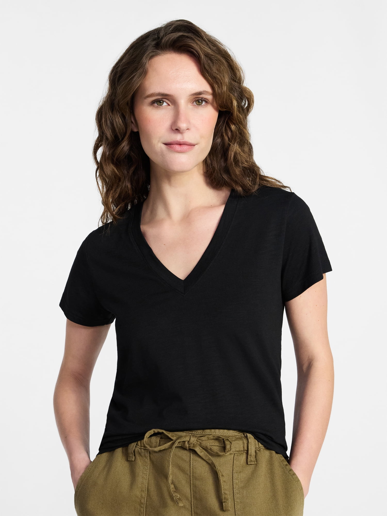 Time and Tru Women's Slub V Neck Tee with Short Sleeves, Sizes XS-XXXL ...