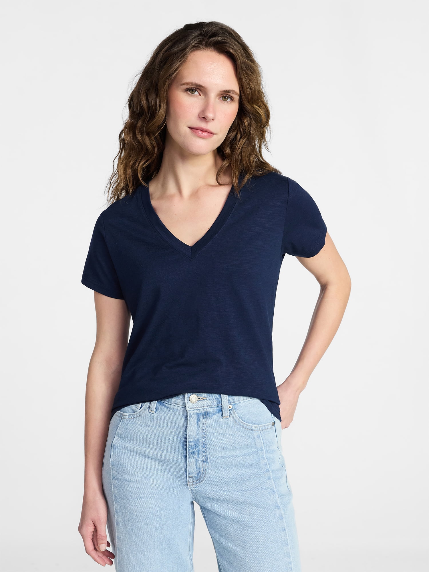 Time and Tru Women's Slub V Neck Tee with Short Sleeves, Sizes XS-XXXL ...