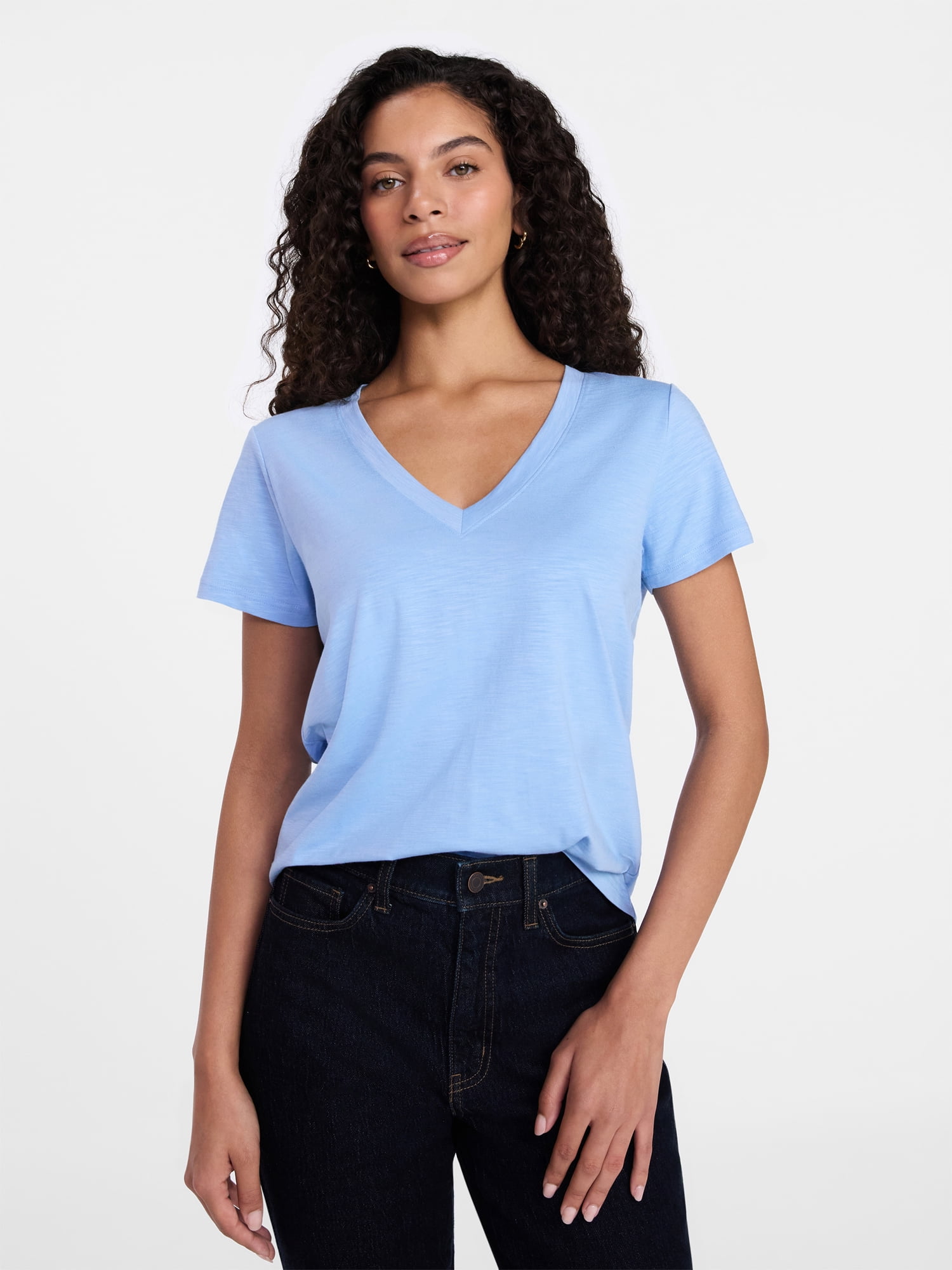 Time and Tru Women's Slub V Neck Tee with Short Sleeves, Sizes XS-XXXL ...