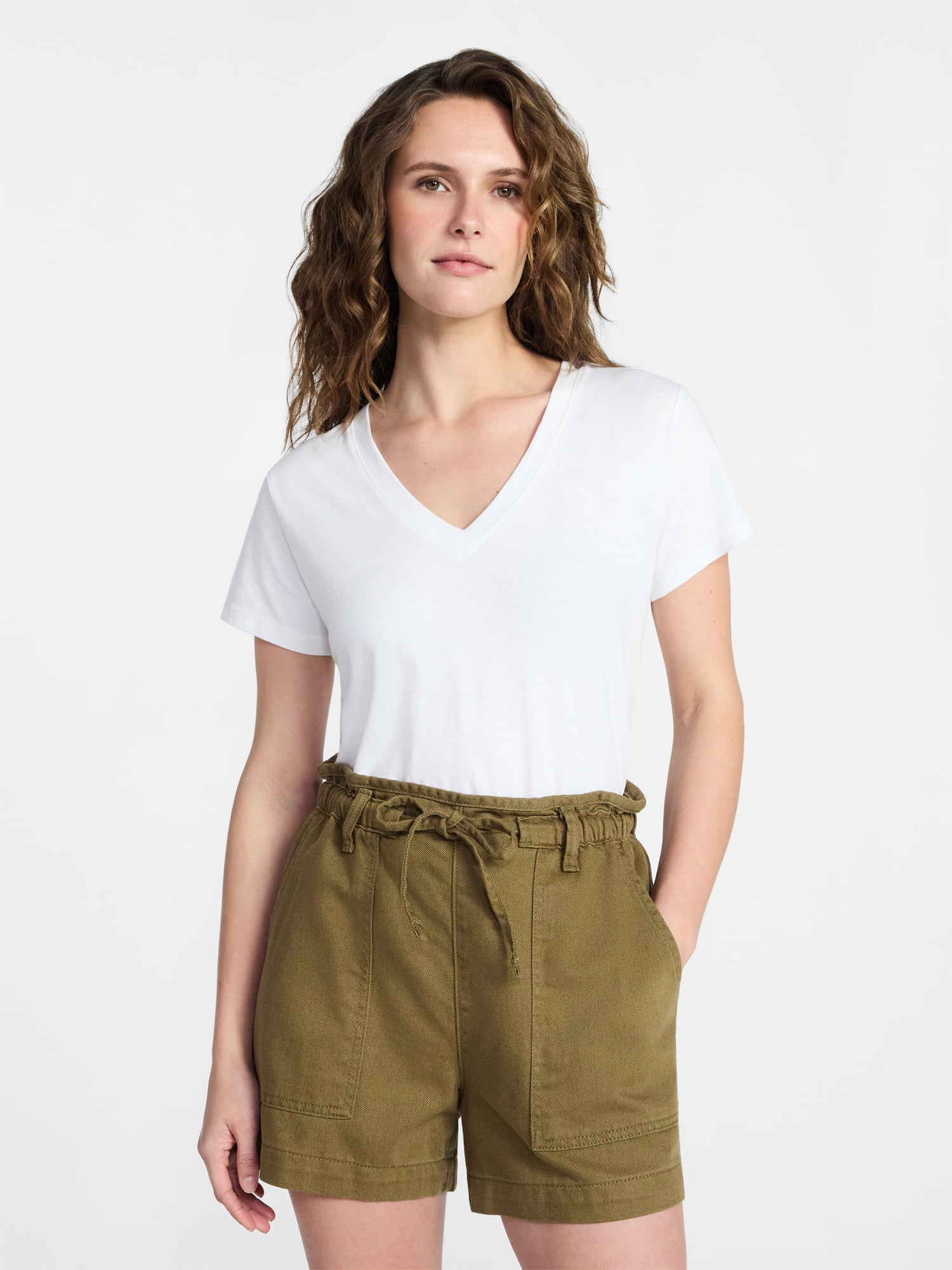 Time and Tru Women's Slub V Neck Tee with Short Sleeves, Sizes XS-XXXL ...