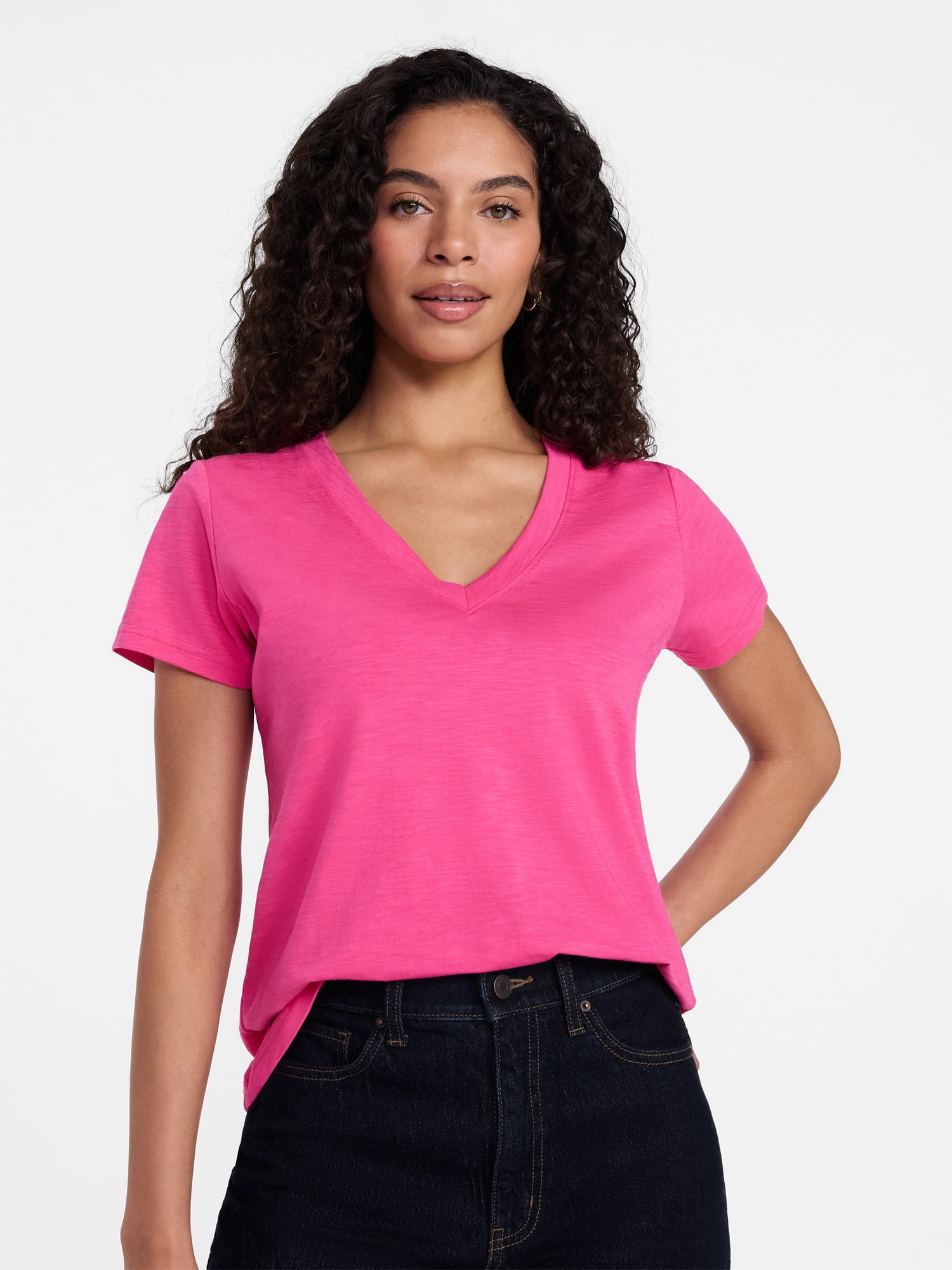 Time and Tru Women's Slub V Neck Tee with Short Sleeves, Sizes XS-XXXL ...