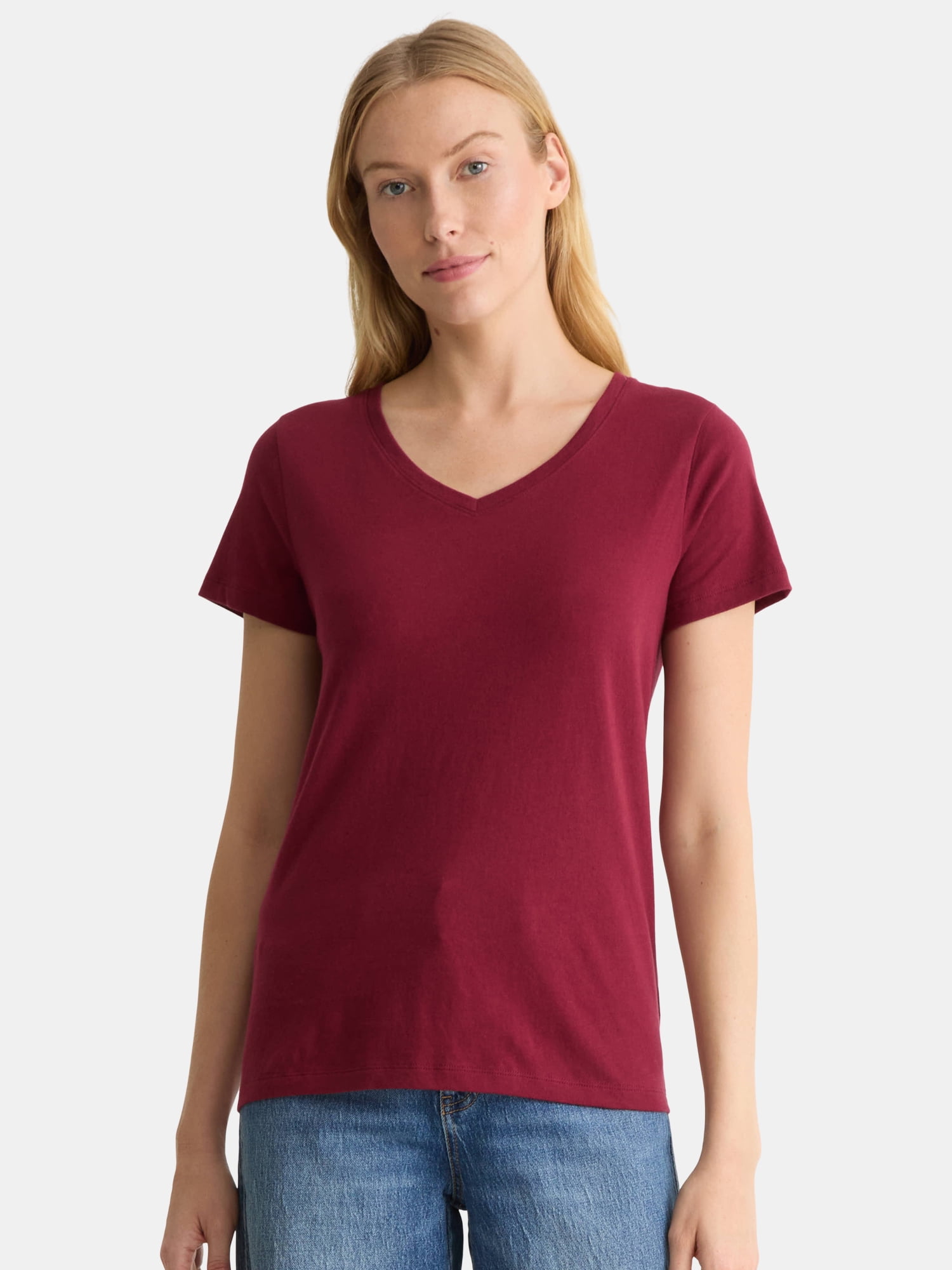 Time and Tru Women's Cotton V-Neck Tee with Short Sleeves, Sizes XS ...