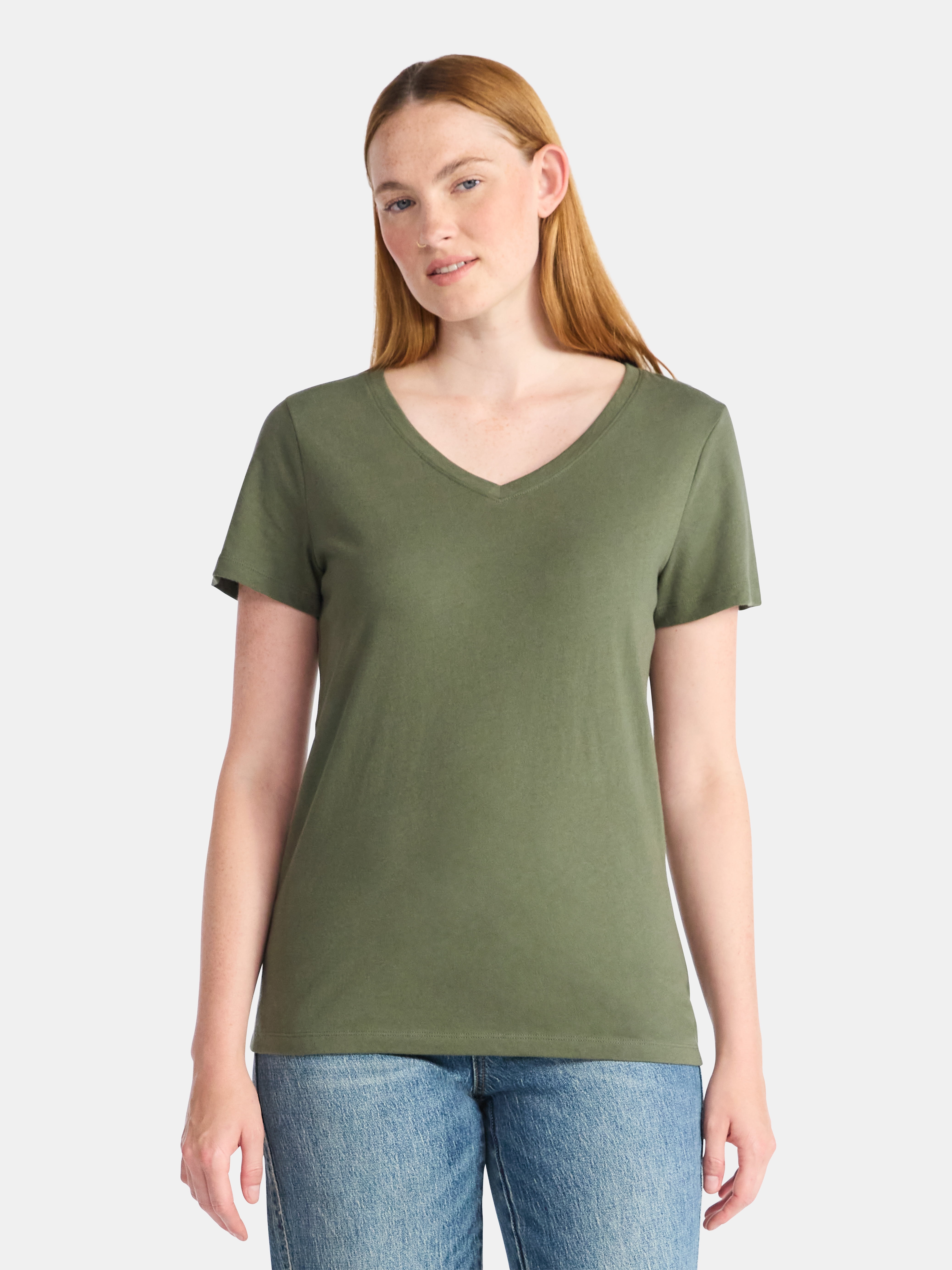 Time and Tru Women's Cotton V-Neck Tee with Short Sleeves, Sizes XS-4X ...