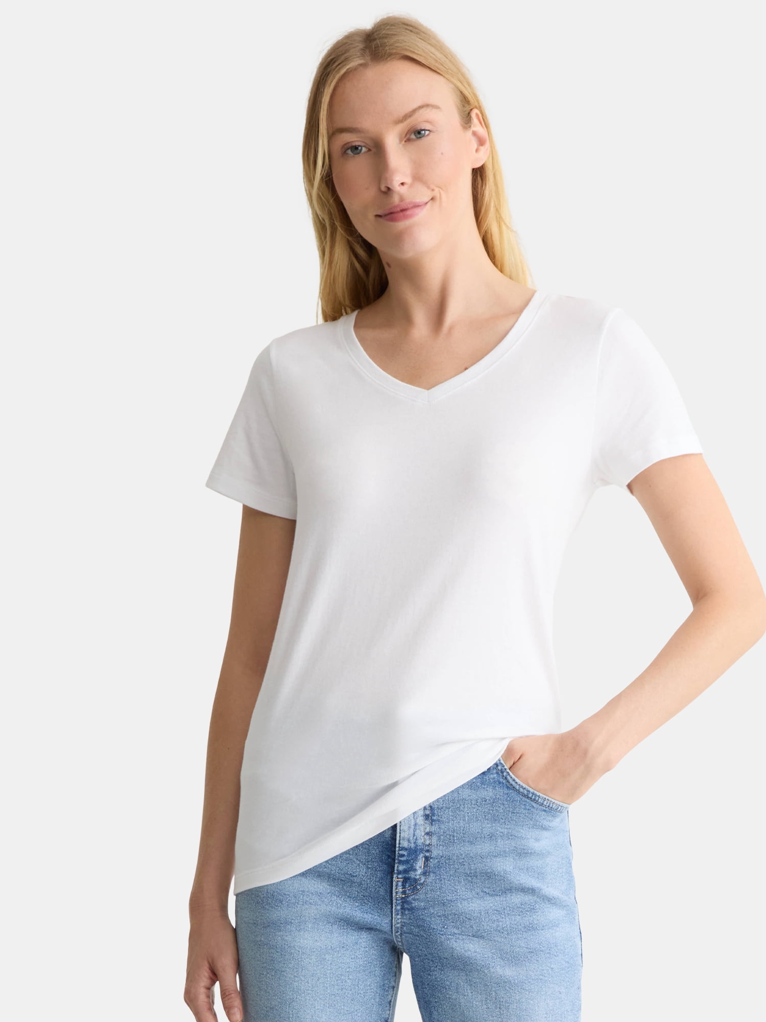 Time and Tru Women's Cotton V-Neck Tee with Short Sleeves, Sizes XS-4X ...