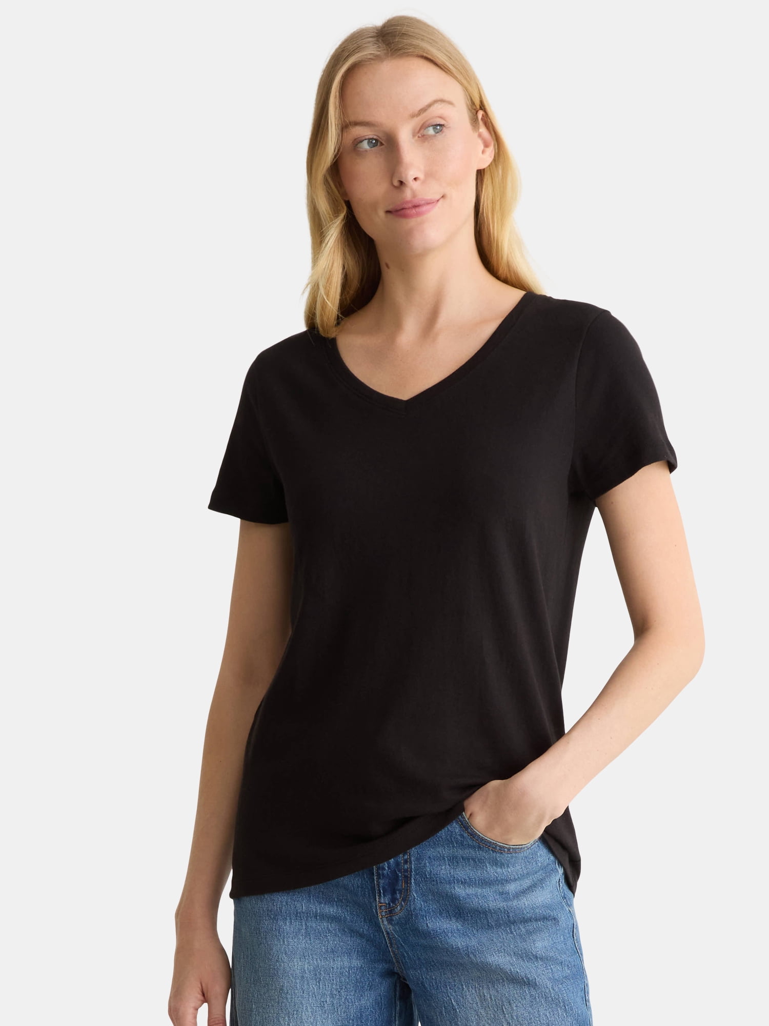 Time and Tru Women's Cotton V-Neck Tee with Short Sleeves, Sizes XS-4X ...
