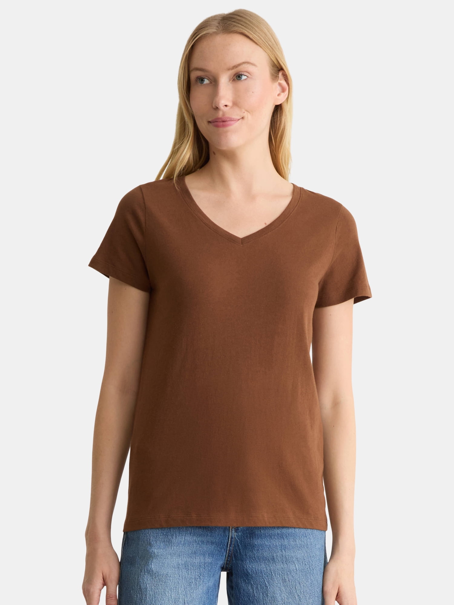 Time and Tru Women's Cotton V-Neck Tee with Short Sleeves, Sizes XS-4X ...