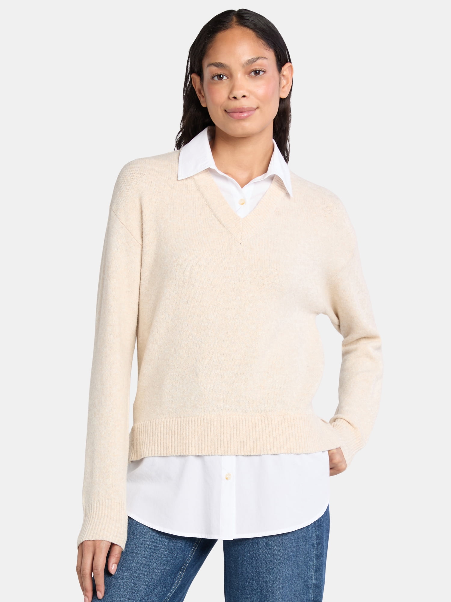 Time and Tru Women's Layered Look Sweater, Midweight, Sizes XS-XXXL ...