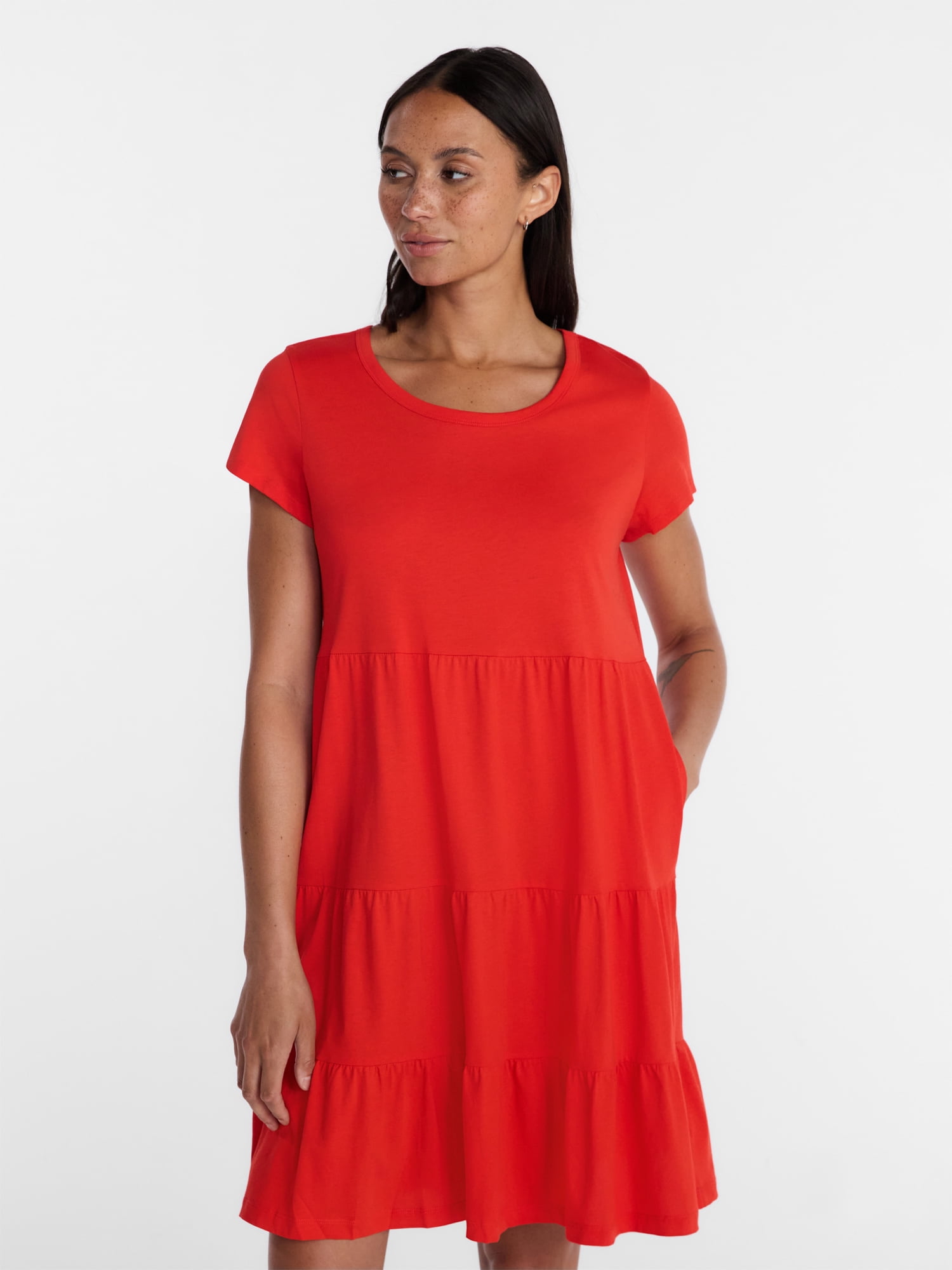 Time and Tru Women's Tiered Cotton Mini Dress with Short Sleeves, Sizes ...