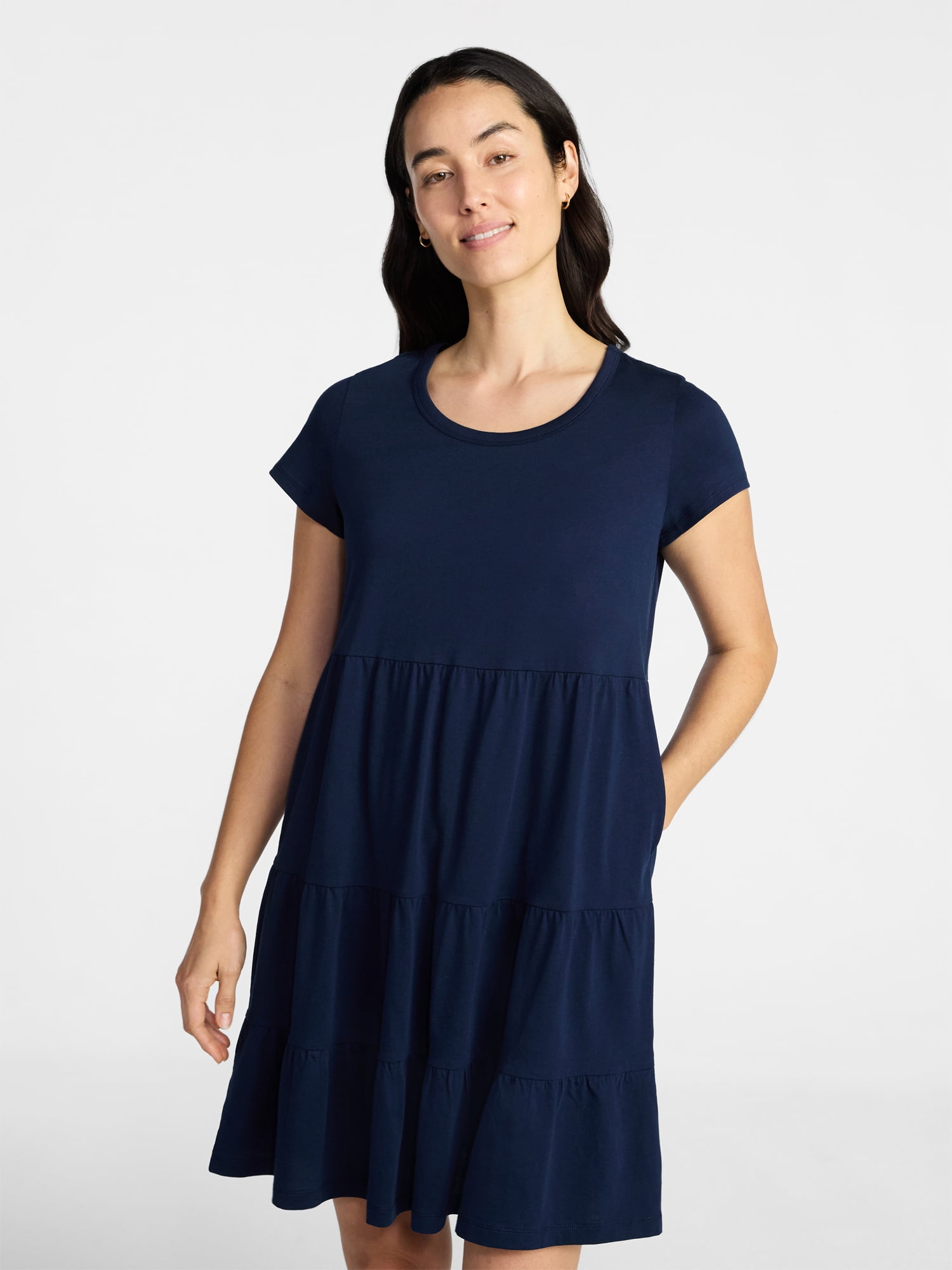 Time and Tru Women's Tiered Cotton Mini Dress with Short Sleeves, Sizes ...