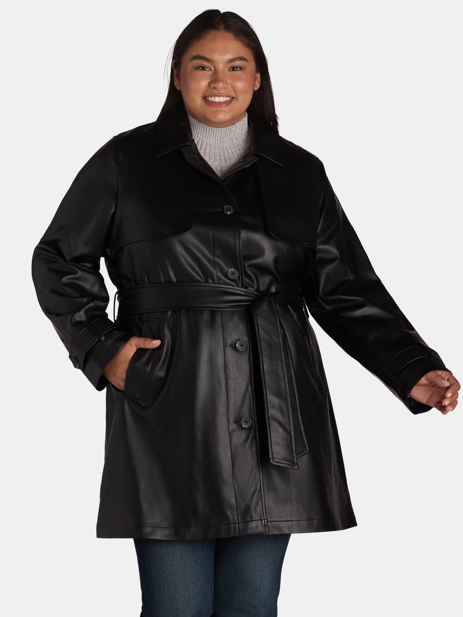 Time and Tru Women's and Women's Plus Faux Leather Trench Coat, Sizes ...