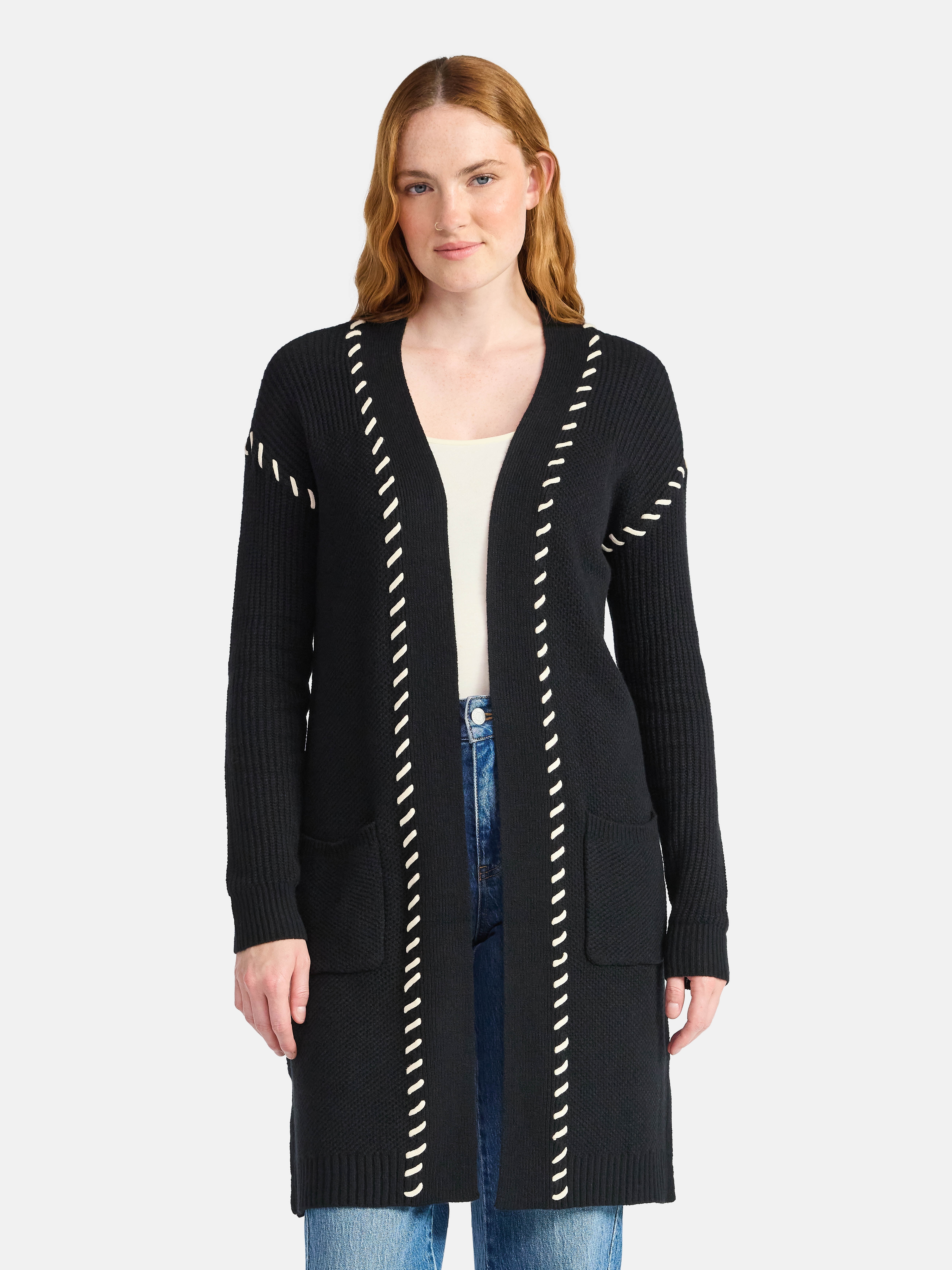 Time and Tru Women’s Longline Cardigan Sweater with Whipstitch Trim ...