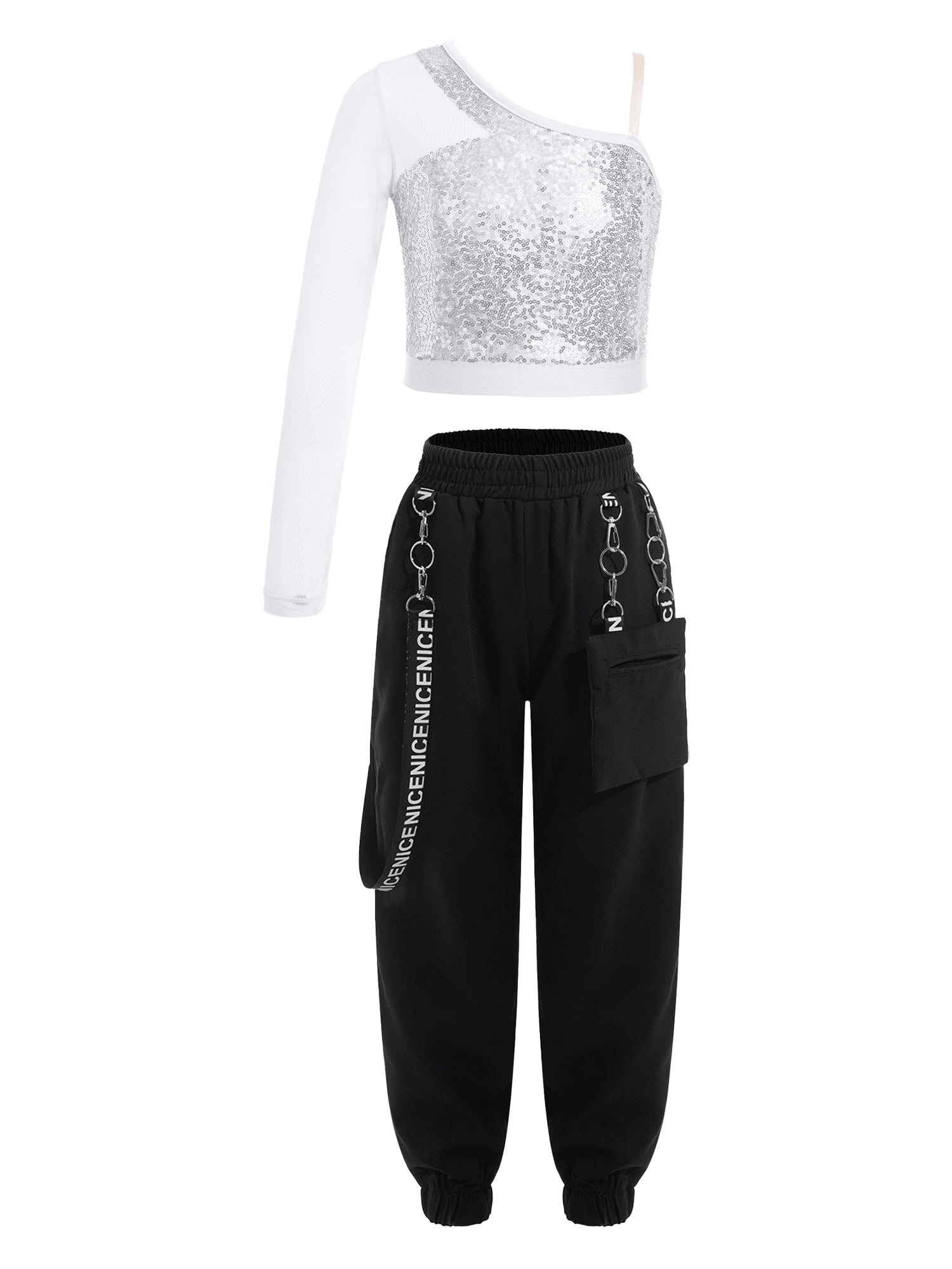TTAO 2Pcs Girls Hip Hop Street Dance Clothes Set Single Long Sleeve Top ...