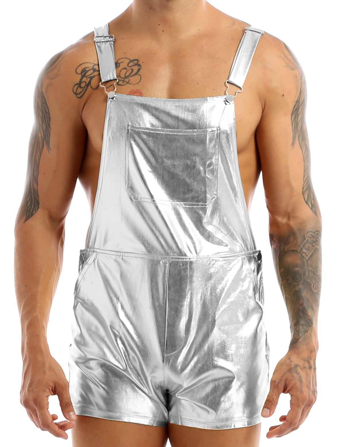 TTAO Fashion Bib Overalls for Men Shiny Metallic Suspender Shorts ...