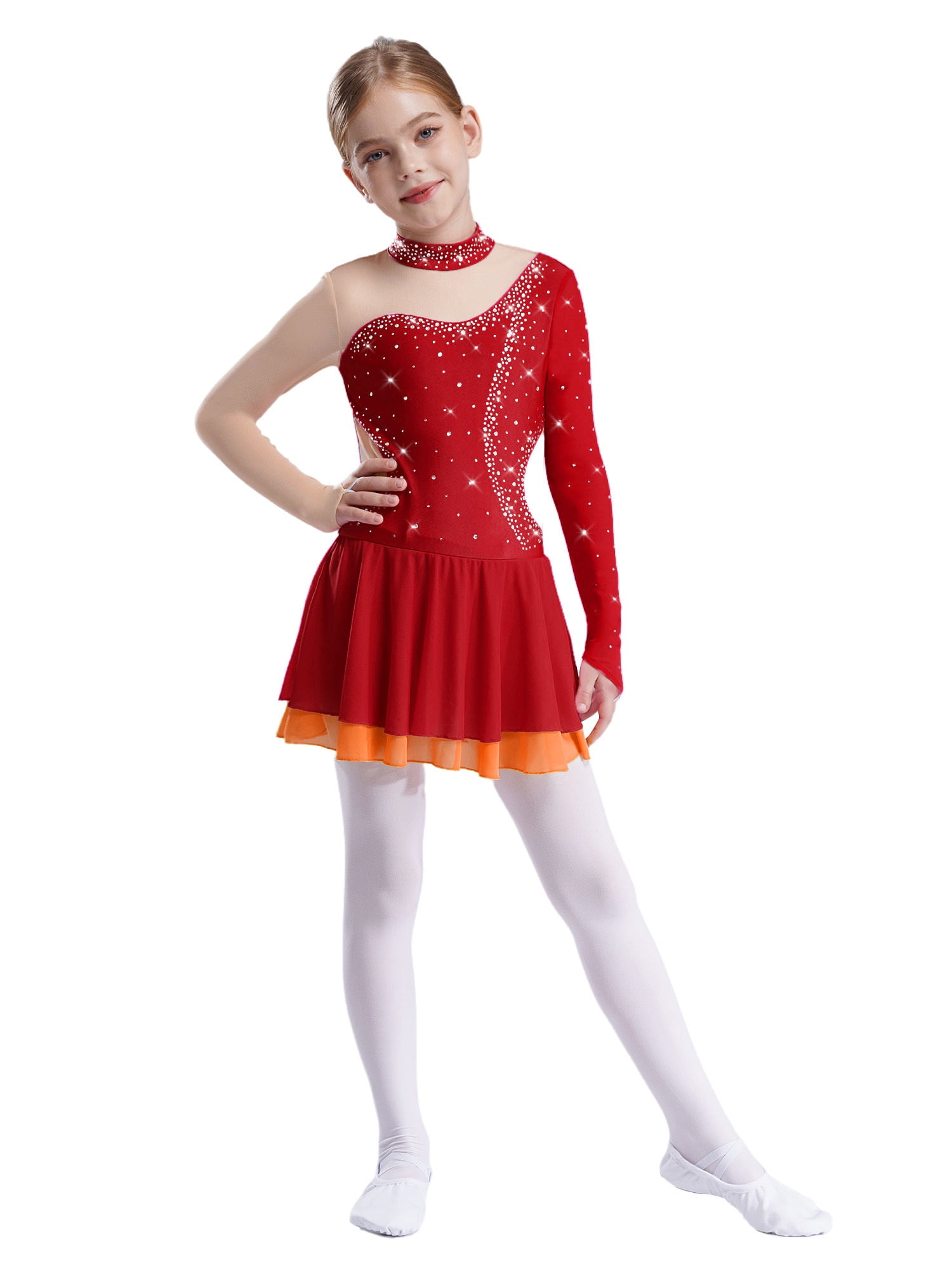 TTAO Figure Skating Dress for Girls Long Sleeve Mesh Shiny Rhinestone Lyrical Ballet Dance ...