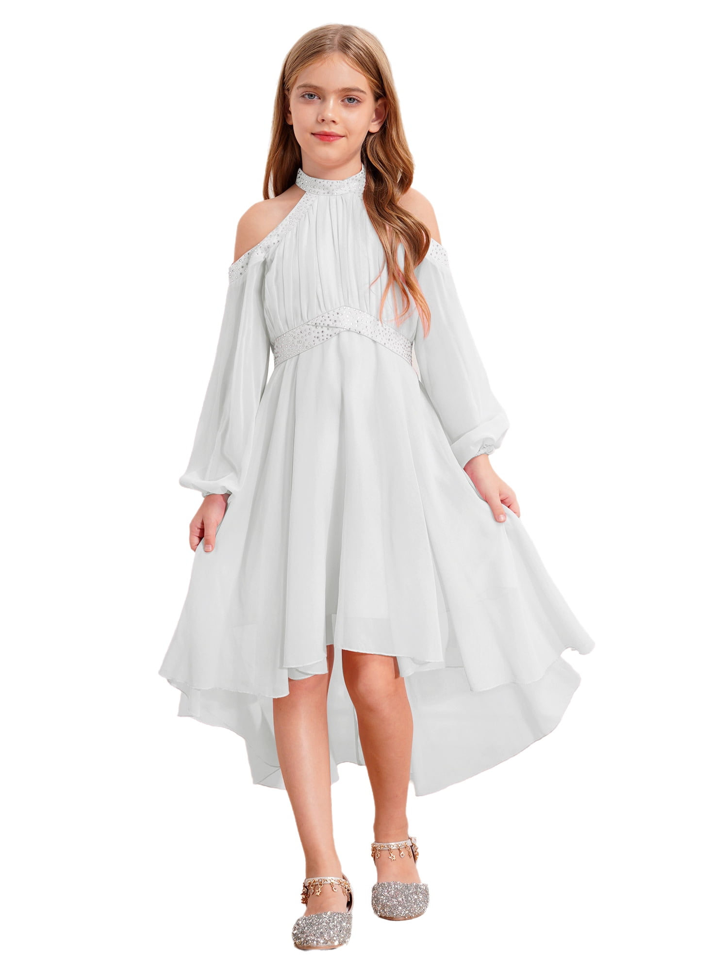 TTAO Flower Girl Chiffon Dress Girls Rhinestone Off Shoulder Long ...