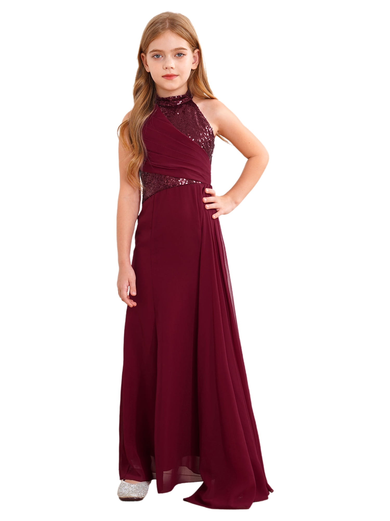 TTAO Flower Girls Halter Neck Princess Pageant Maxi Dress Kids Sparkly ...