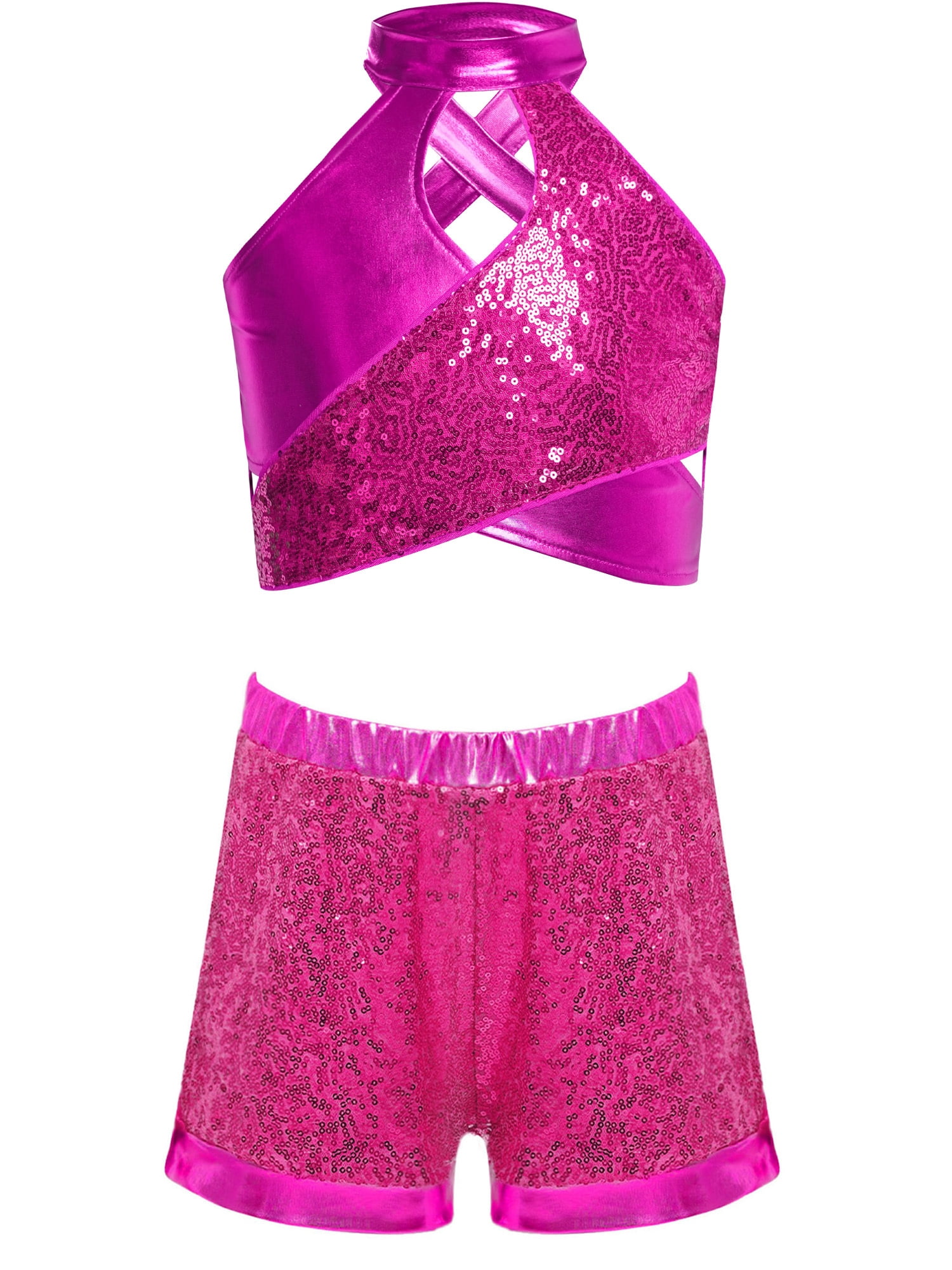 TTAO Girl's Street Dancing Outfits Sparkle Crop Top with Shorts Hip Hop ...