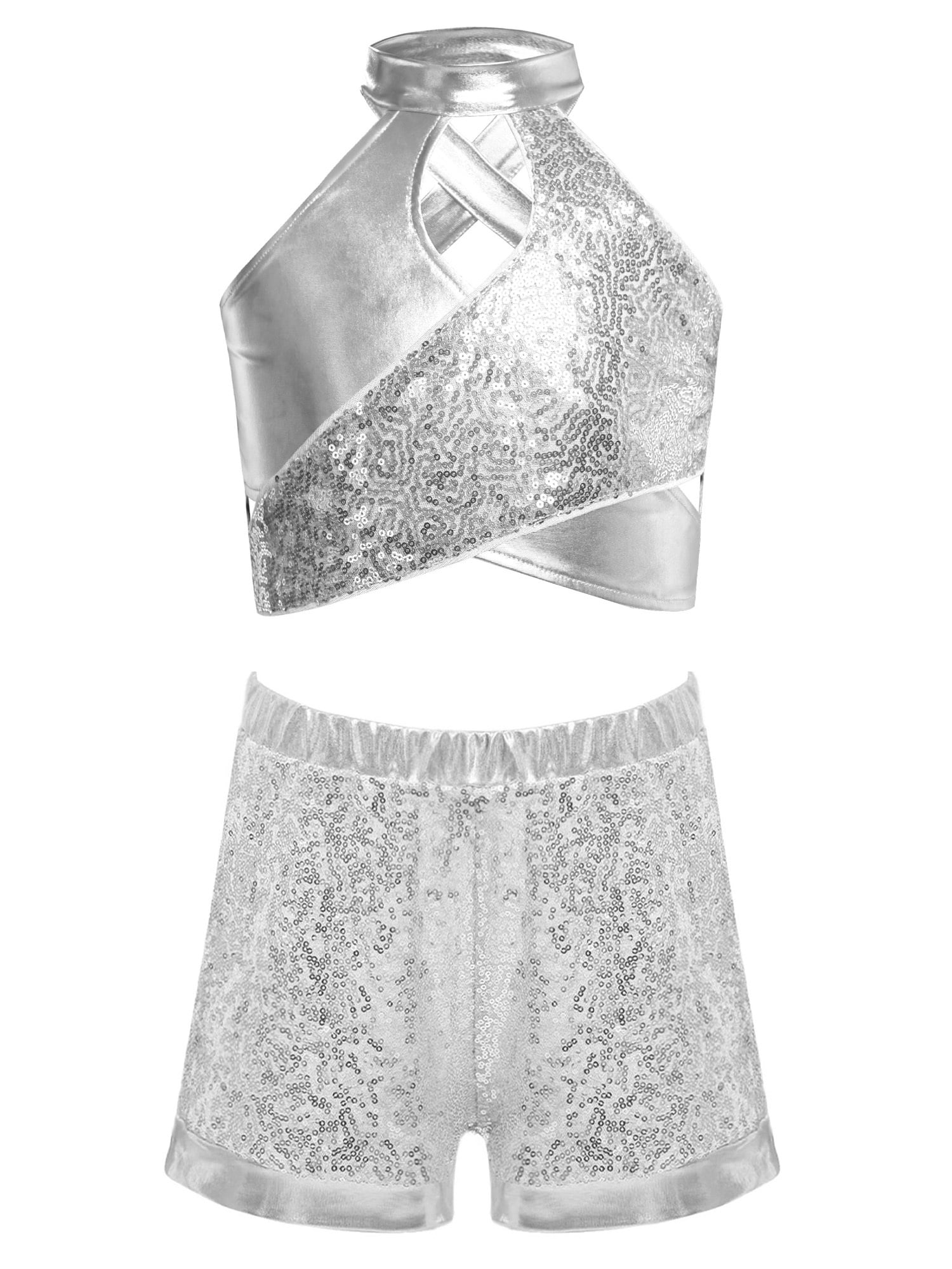 TTAO Girl's Street Dancing Outfits Sparkle Crop Top with Shorts Hip Hop ...