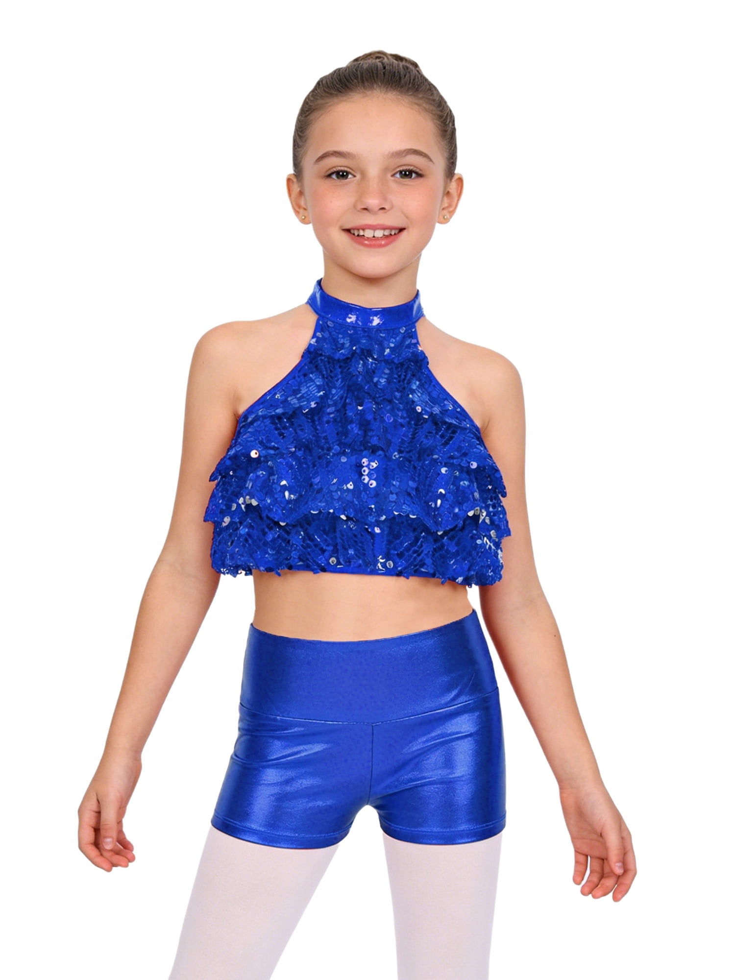 TTAO Girls 2 Pcs Latin Dance Outfits Sparkle Sequin Crop Top with ...