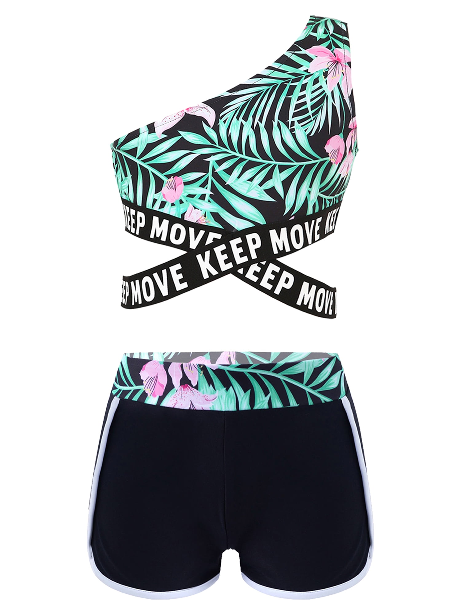 TTAO Girls 2 Piece Swimsuit Tropical One Shoulder Swim Tops with Shorts ...
