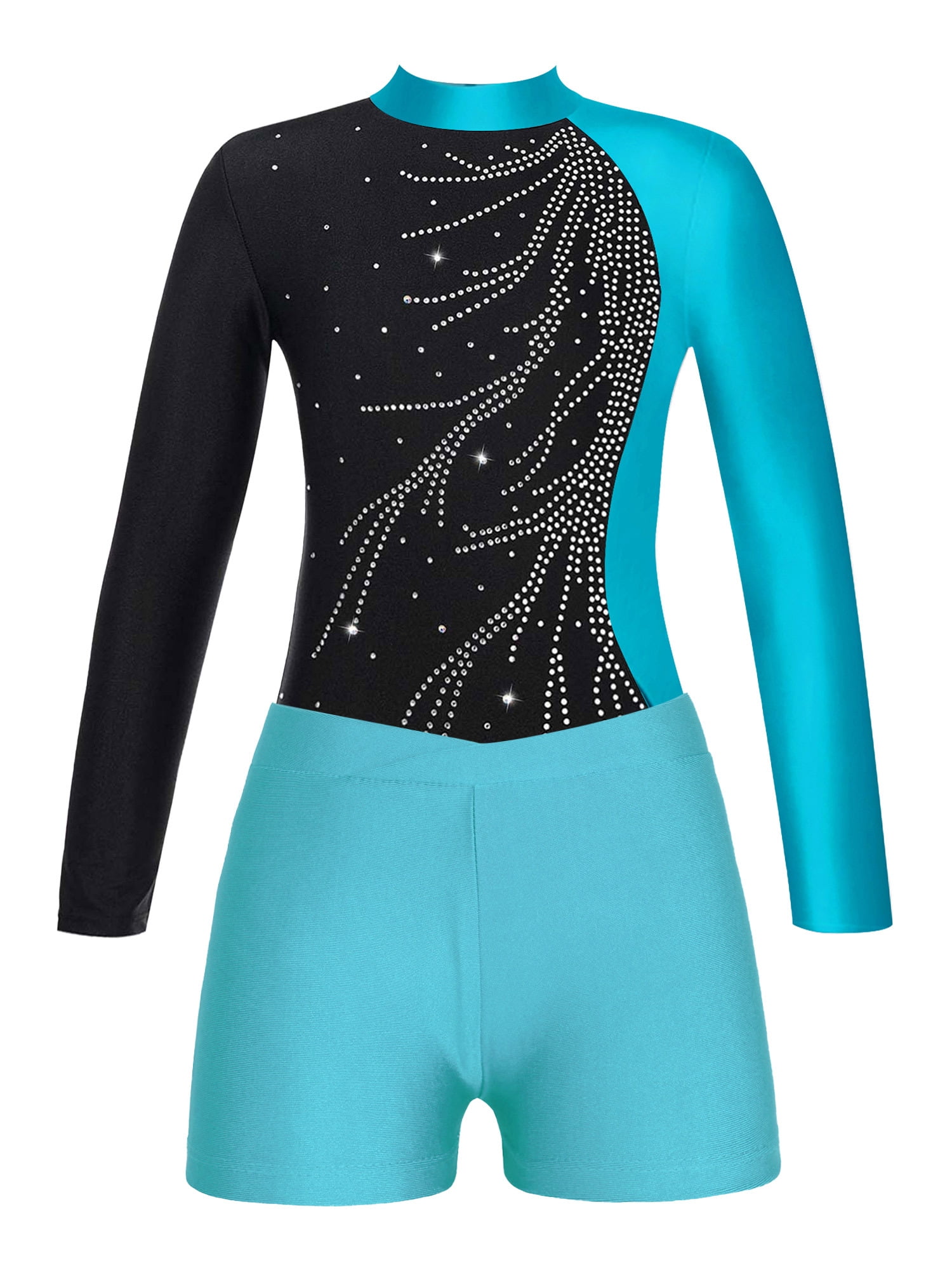 TTAO Girls Gymnastics Leotards and Shorts Set Rhinestone Long Sleeve ...