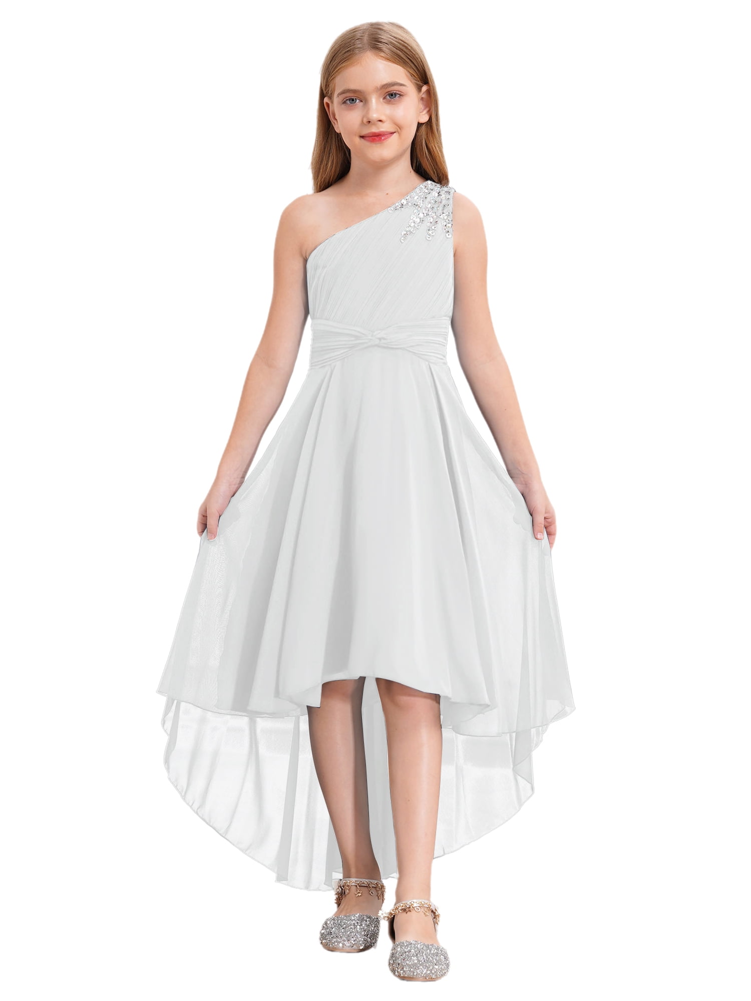 TTAO Girls High Low Dresses Kids One Shoulder Ruched Chiffon Wedding ...