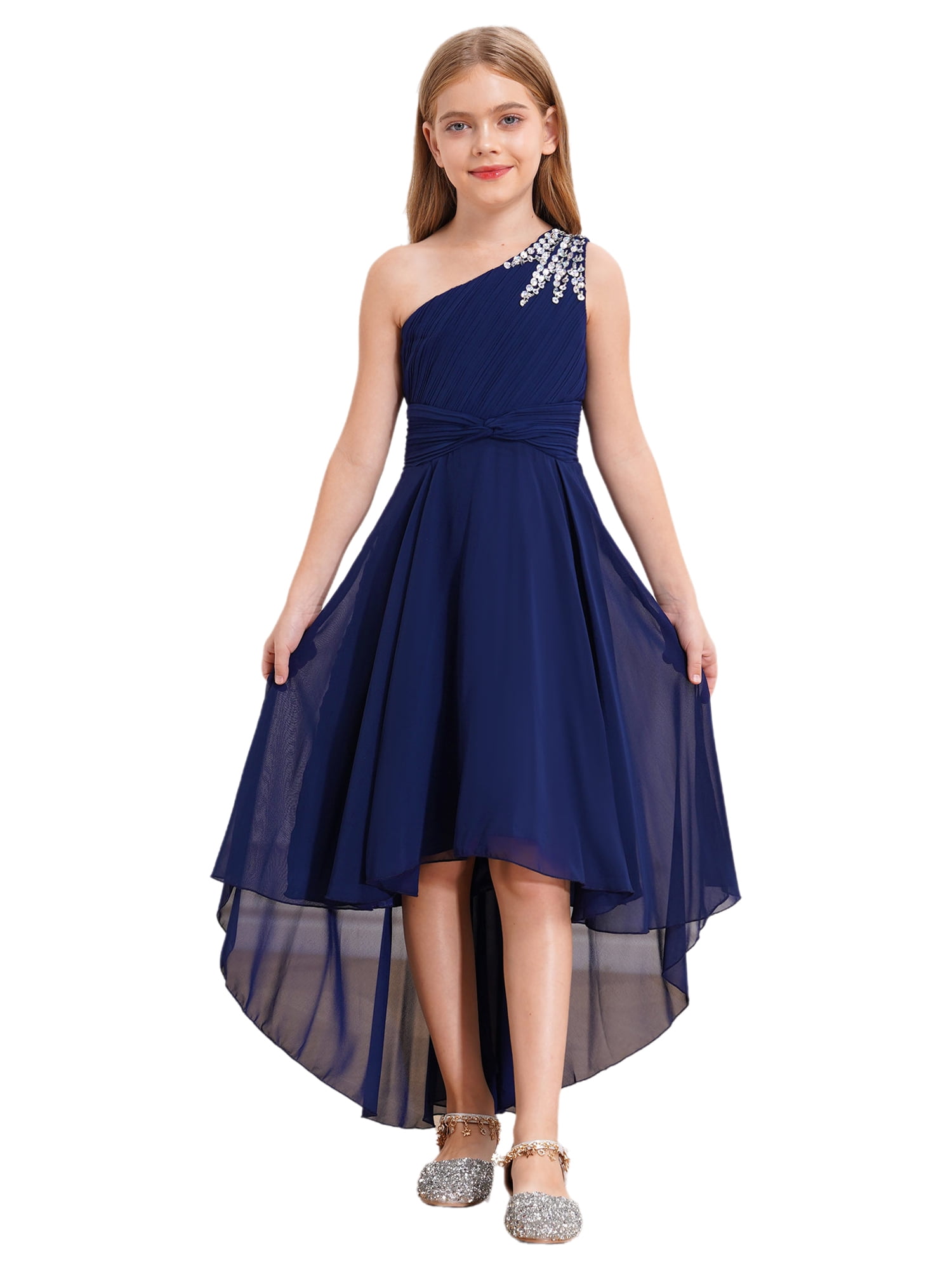 TTAO Girls High Low Dresses Kids One Shoulder Ruched Chiffon Wedding ...