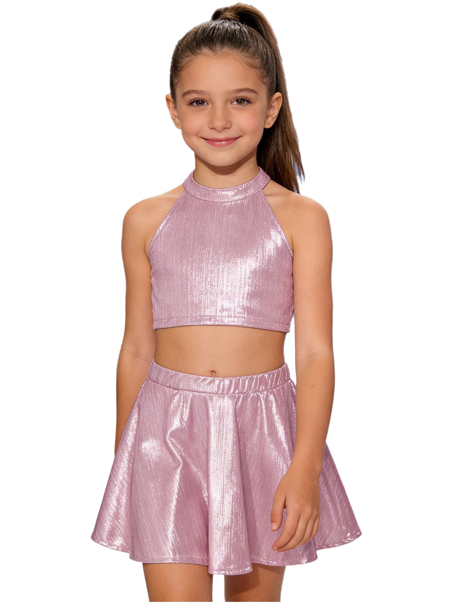TTAO Girls Metallic Crop Tops with Shiny Skirt Jazz Dance Outfits Cheer ...