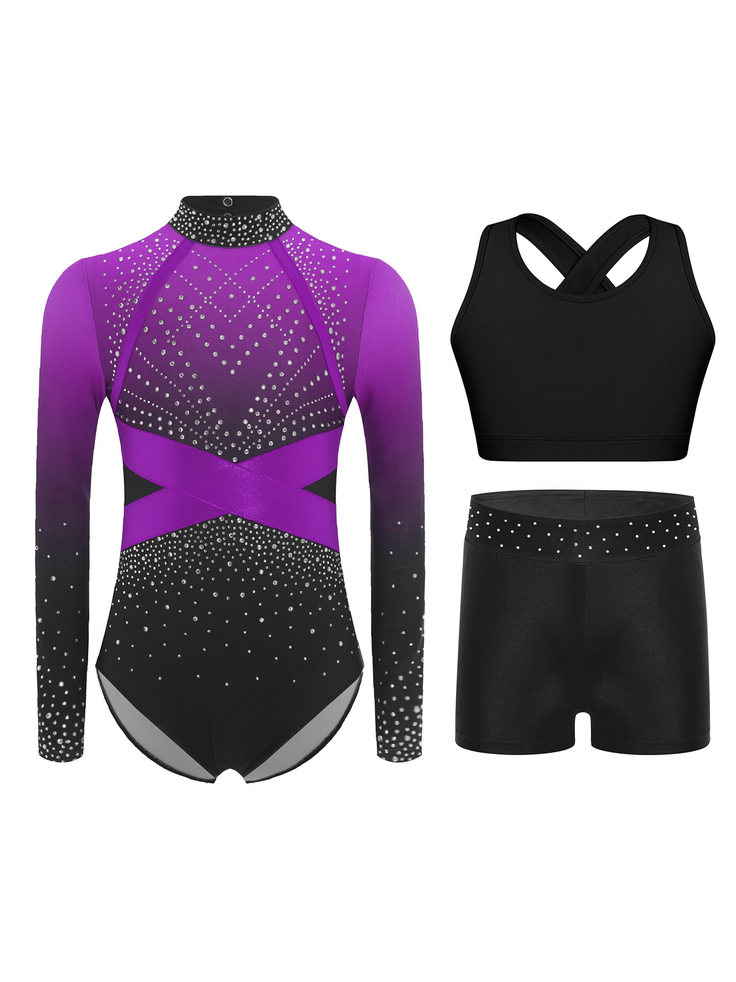 TTAO Girls Rhinestone Color Block Gymnastic Leotard Long Sleeve Ballet ...