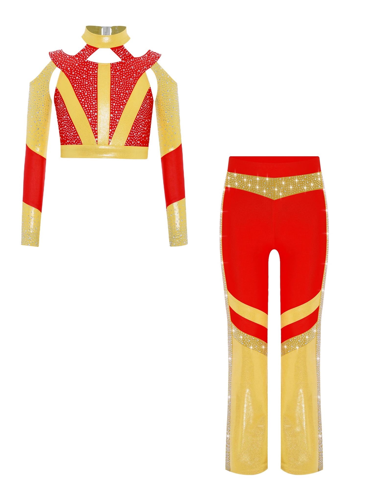 TTAO Girls Sparkly Dance Outfit Long Sleeve Crop Top with Bell Bottom ...