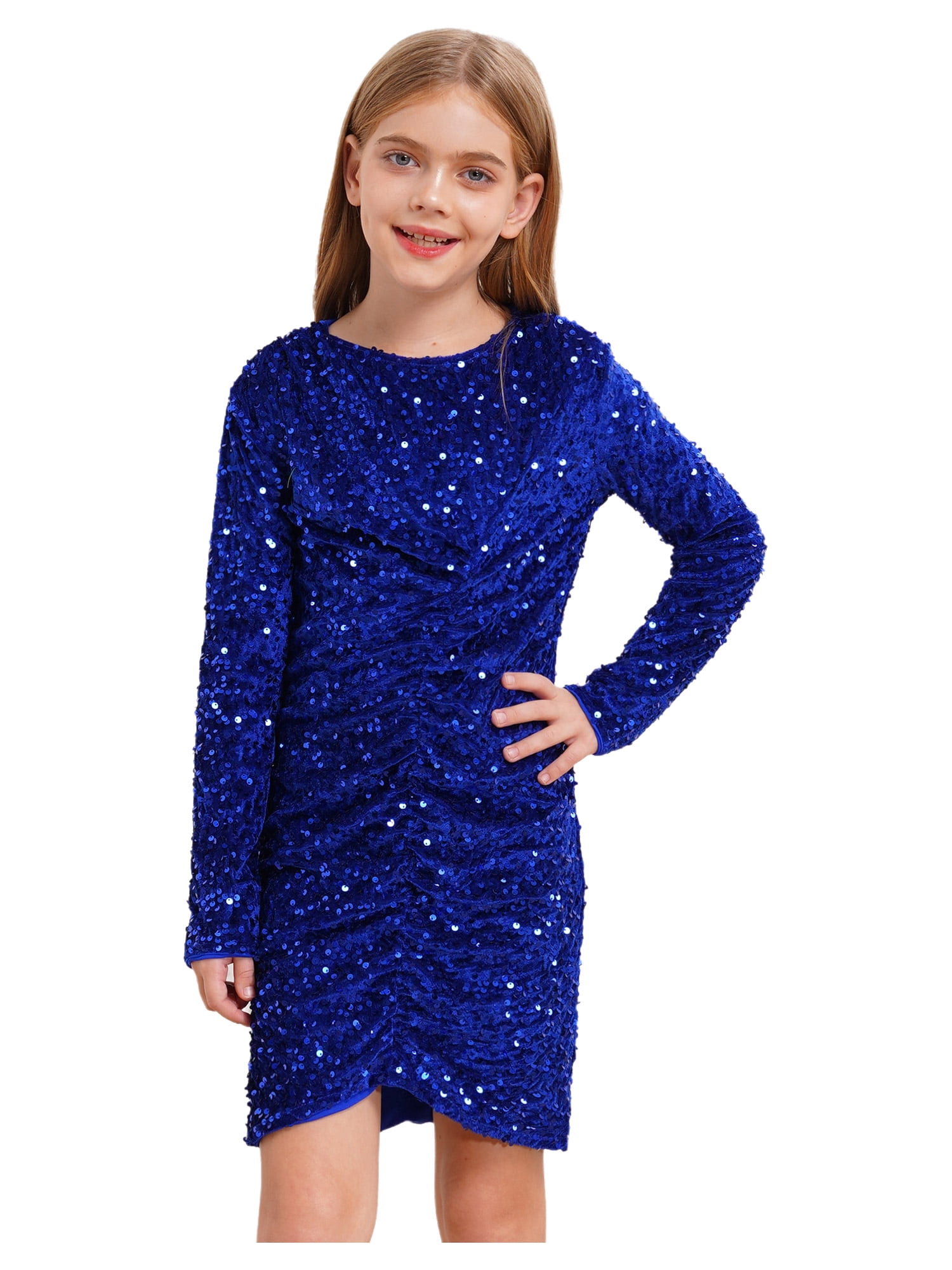 TTAO Girls Sparkly Velvet Dress Sequin Long Sleeve Ruched Bodycon Wedding Pageant Party Pencil ...