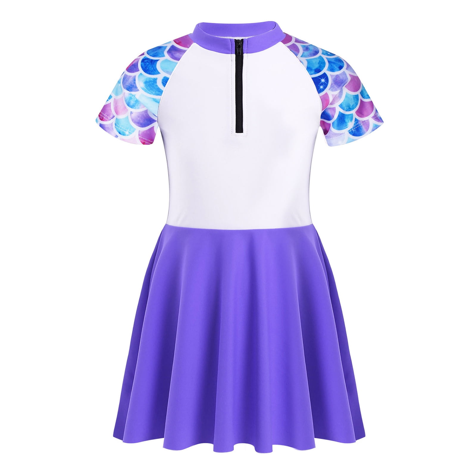 TTAO Girls Swimming Dresss Short Sleeve Rash Guard One Piece Swimsuit ...