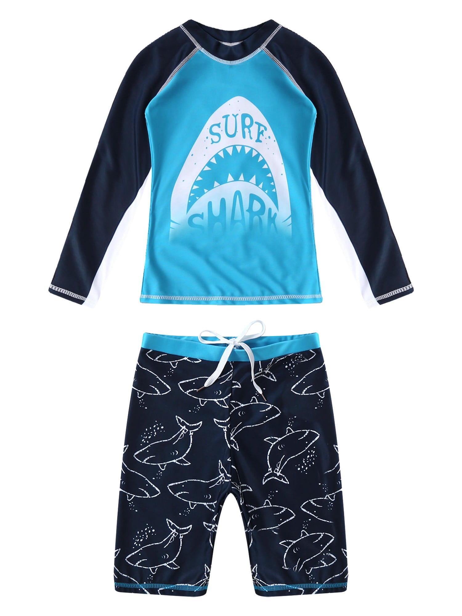 TTAO Kids Boys Shark Fish Print Long Sleeve Swim Tops with Shorts Rash ...