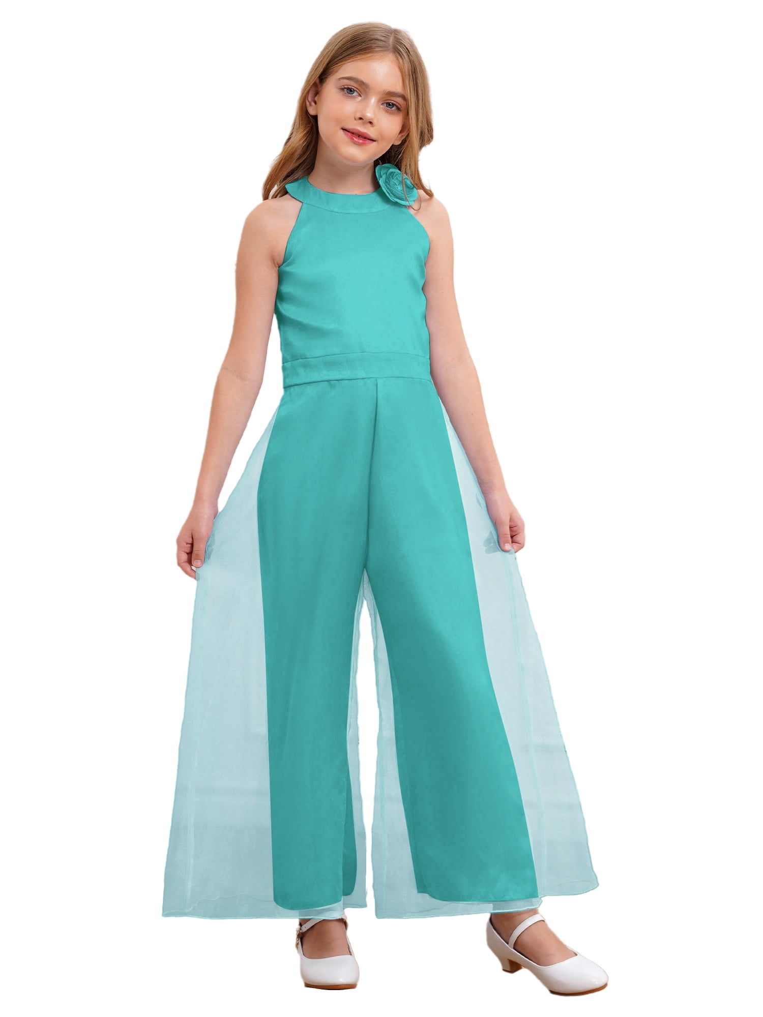 TTAO Kids Flower Girls Dressy Casual Jumpsuits Sleeveless Halter Neck Wide Leg One Piece Rompers ...
