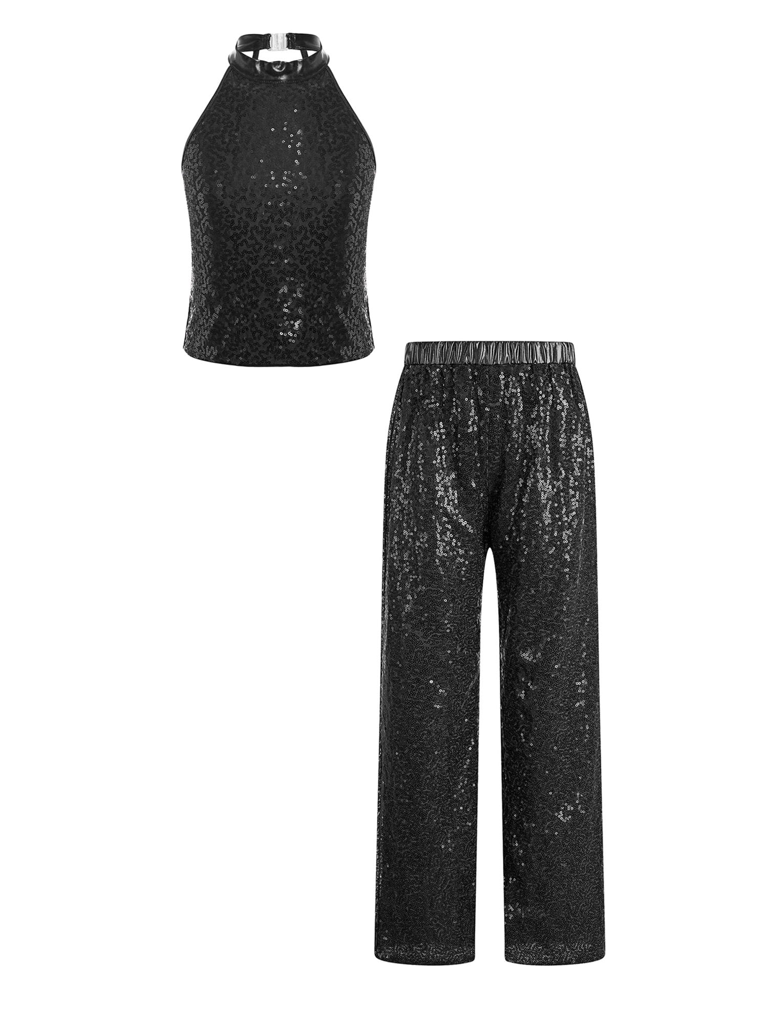 TTAO Kids Girls 2 Pieces Jazz Hip Hop Dance Outfits Sequins Halter Crop ...