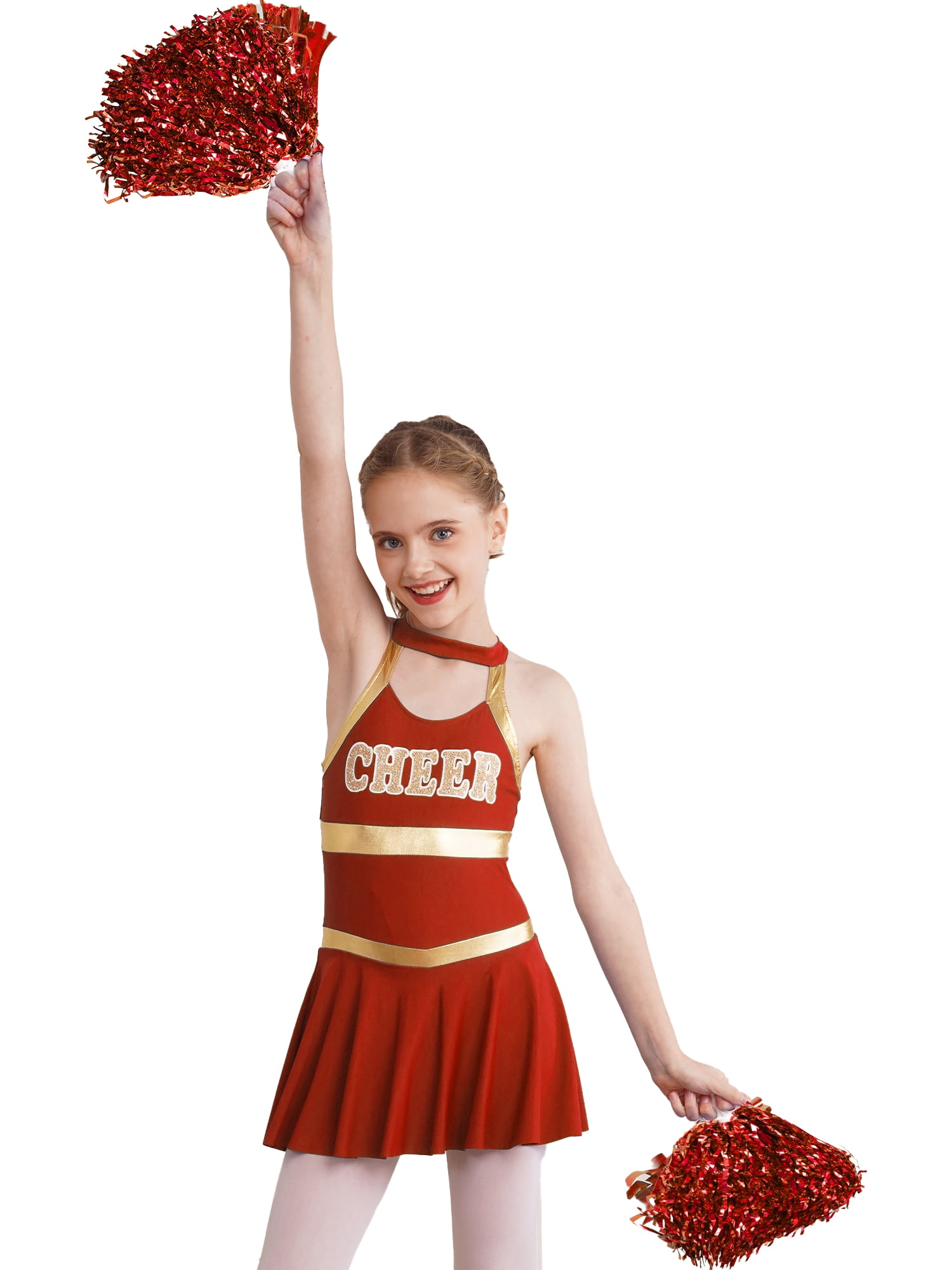 TTAO Kids Girls Cheerleading Dance Dress with Pom Poms Uniform for ...
