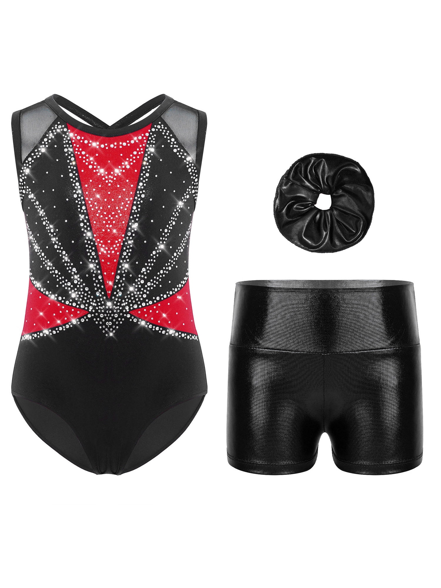 TTAO Kids Girls Gymnastics Dance Leotard Metallic Shorts And Headwear ...