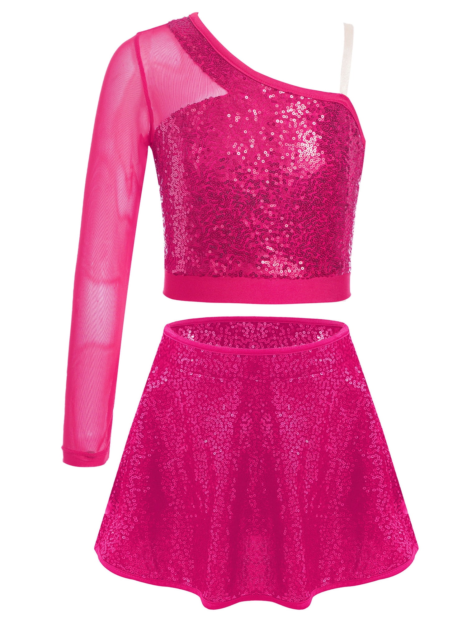 TTAO Kids Girls Hip Hop Jazz Latin Dance Outfit Sparkly One Shoulder Gymnastics Crop Top with ...
