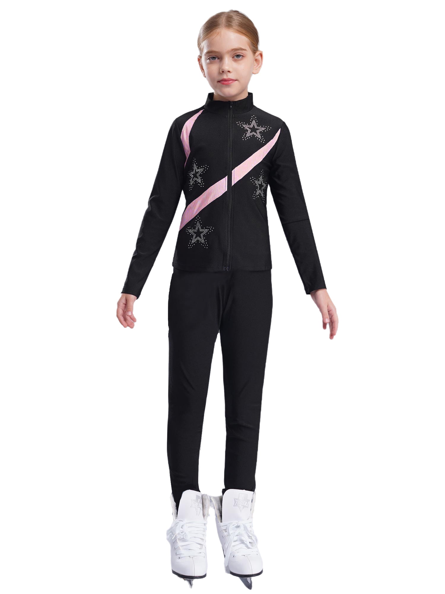 TTAO Kids Girls Ice Figure Skating Jacket Suit Long Sleeve Stars Print ...